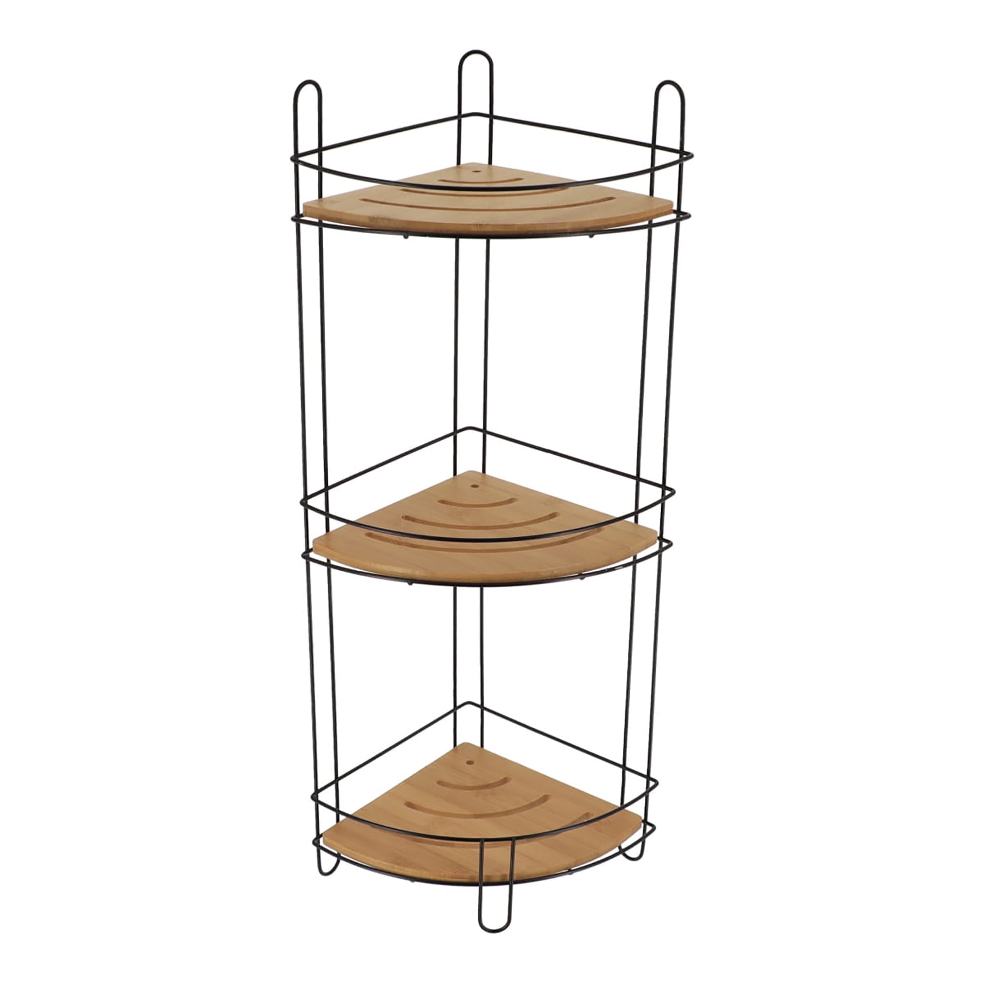 Corner Bathroom Organizer Storage Tower 3 Shelves Bamboo Black Metal ...