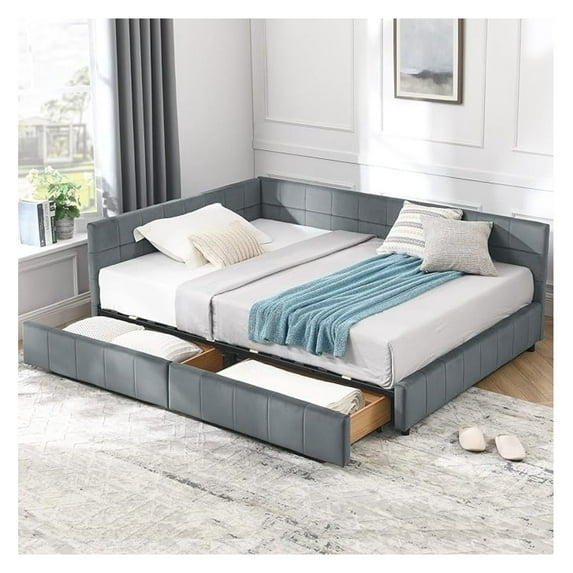 Corner Bed Frame Full, Upholstered Corner Daybed with Drawers, Full ...