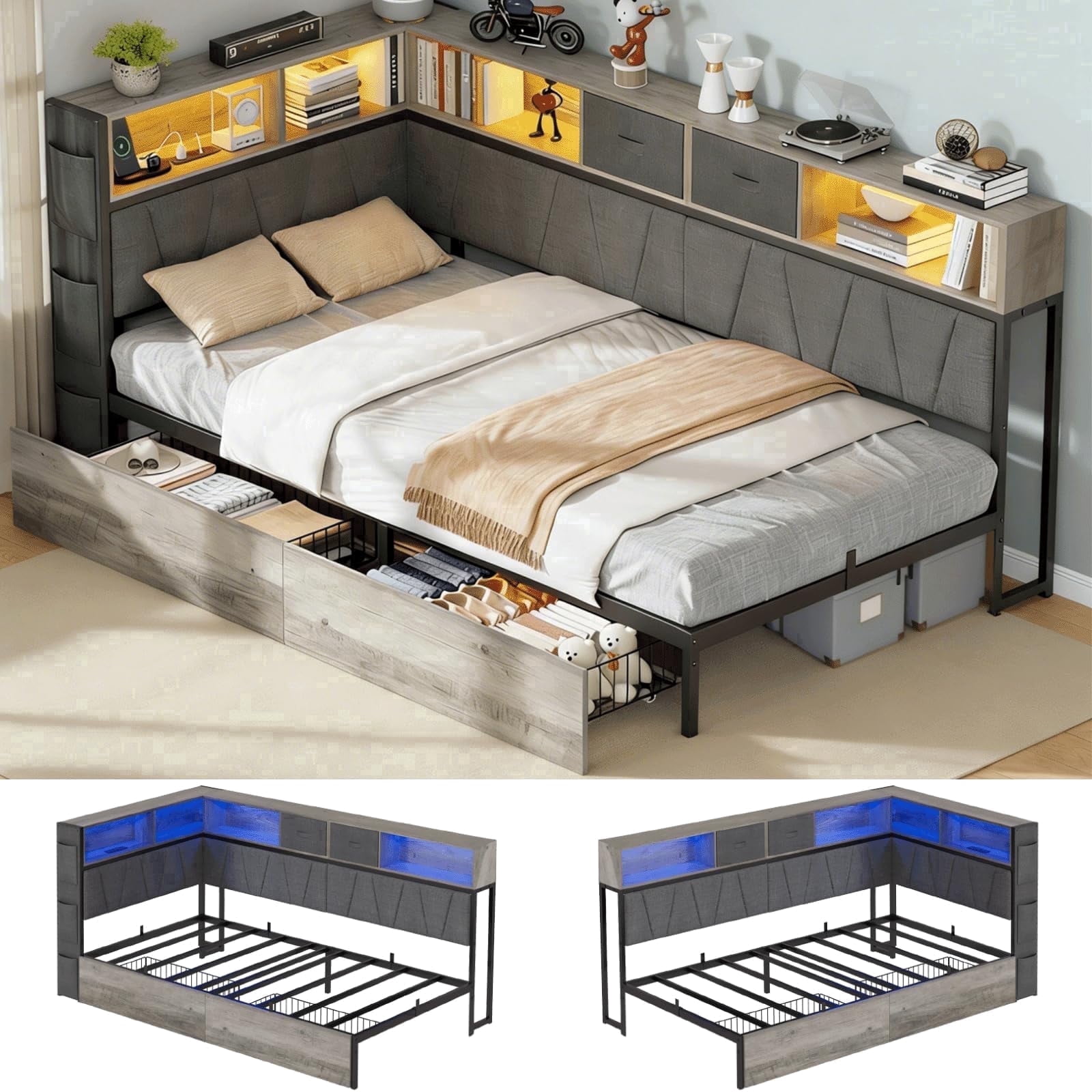 Corner Bed Frame with Storage Bookcase, Twin Bed Unit with Charging ...