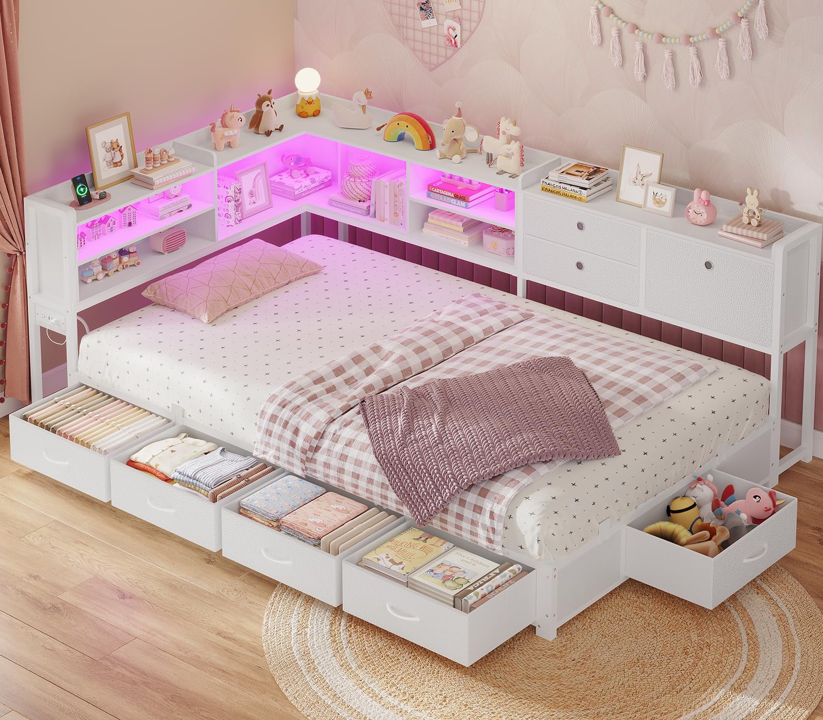 Corner Bed Frame with LED Lights and Charging Station,Twin Bed Frame ...