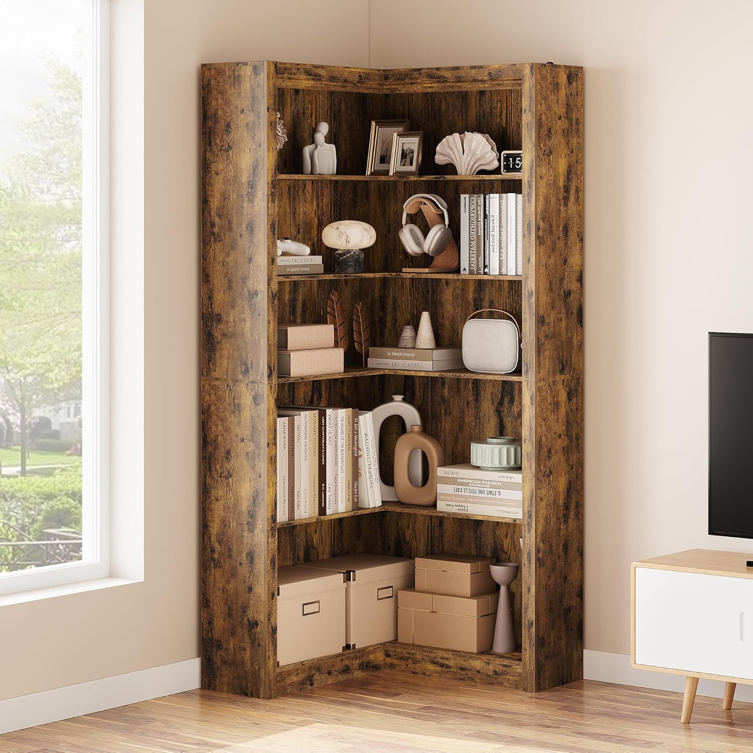 Corner Bookcase,5-Tier Modern Mid Century Corner Bookcase,71.8" Tall ...