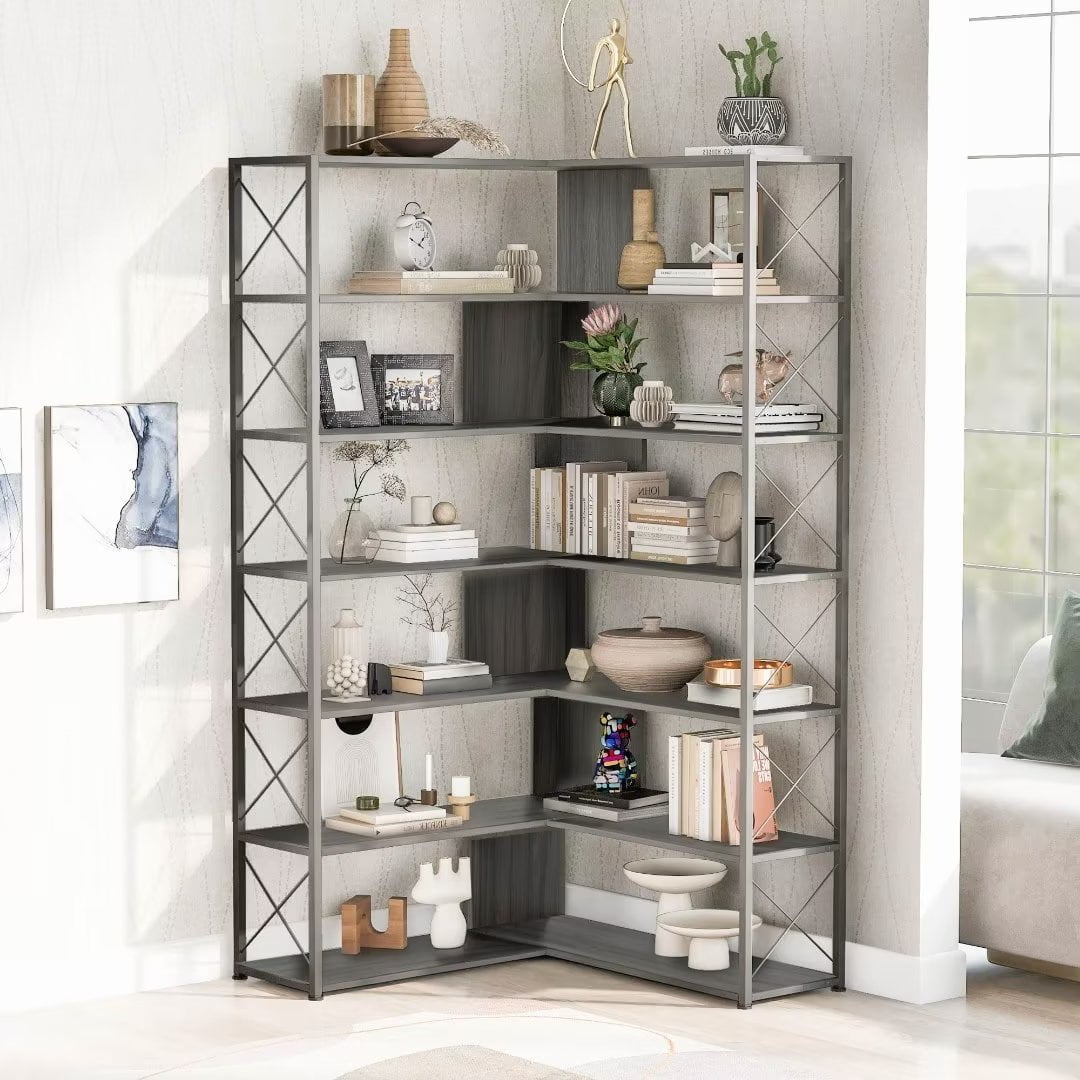 Corner Bookcase, 7-Tier L-Shaped Tall Bookshelf with Open Storage ...