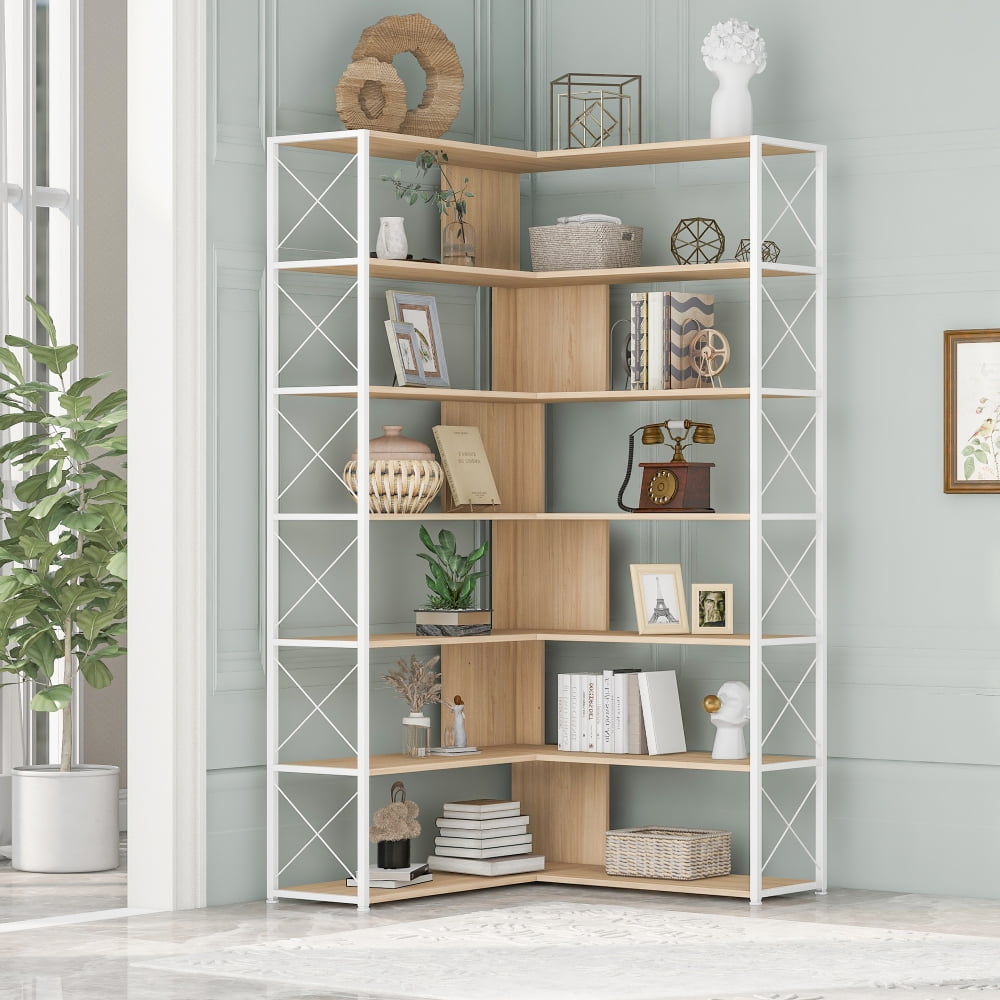 Corner Bookcase, 7-Tier L-Shaped Tall Bookshelf with Open Storage ...