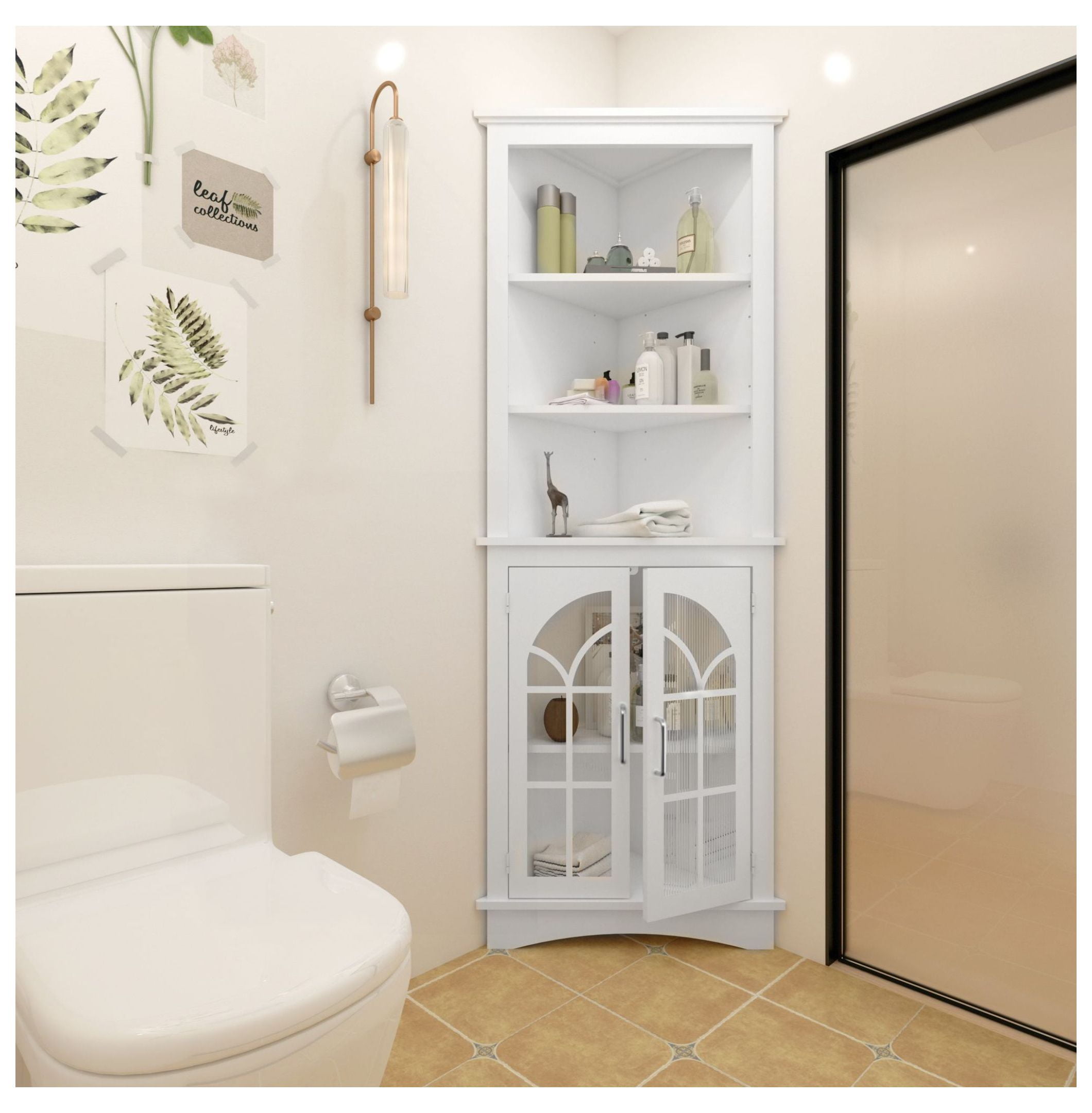 Corner Bookcase with Doors, 63.3" Tall 5-Tier Corner Cabinet ...