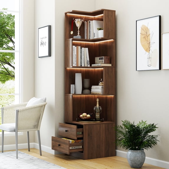 Corner Bookshelf 4-Tier L-Shaped Display Shelf with LED Lights for Home ...