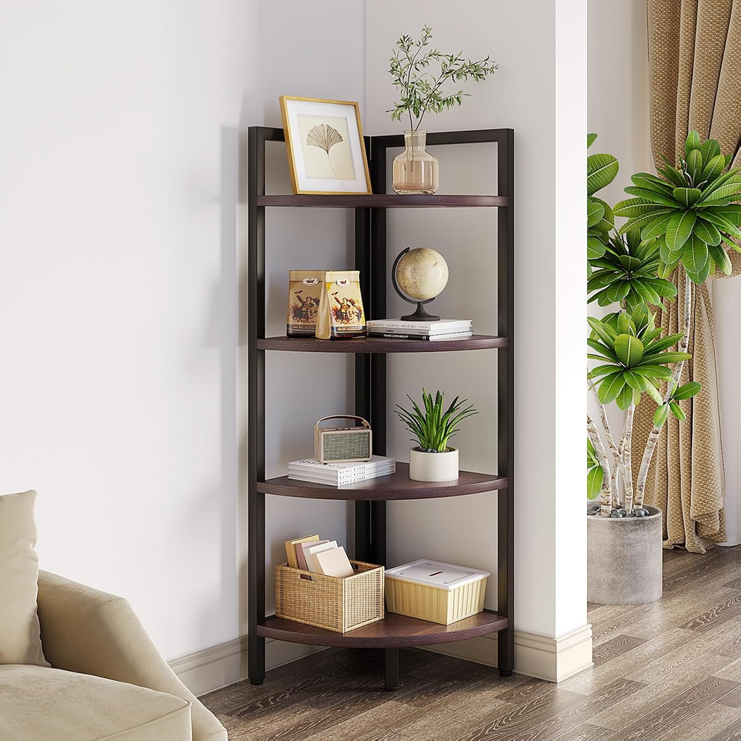 Corner Bookshelf 4 Tier Stand Corner Ladder Shelf Modern Storage ...