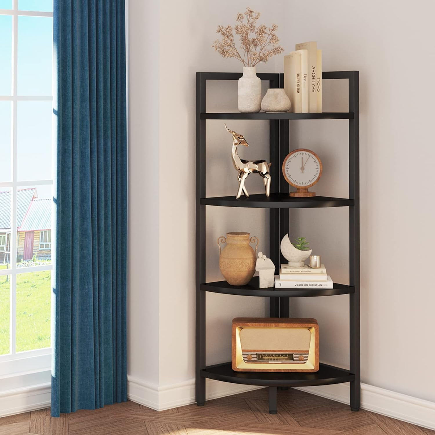Corner Bookshelf 4 Tier Stand Corner Ladder Shelf Modern Storage ...