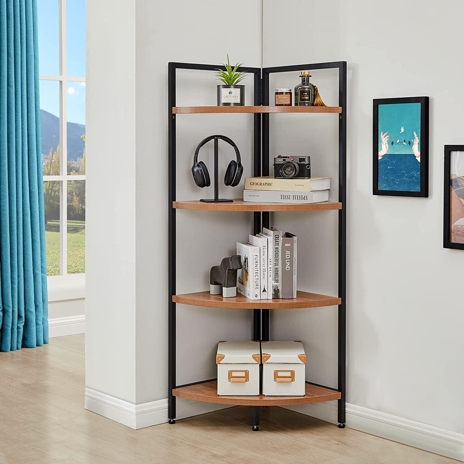 Corner Bookshelf 4 Tier Stand Storage Shelf Modern Black Bookcase ...