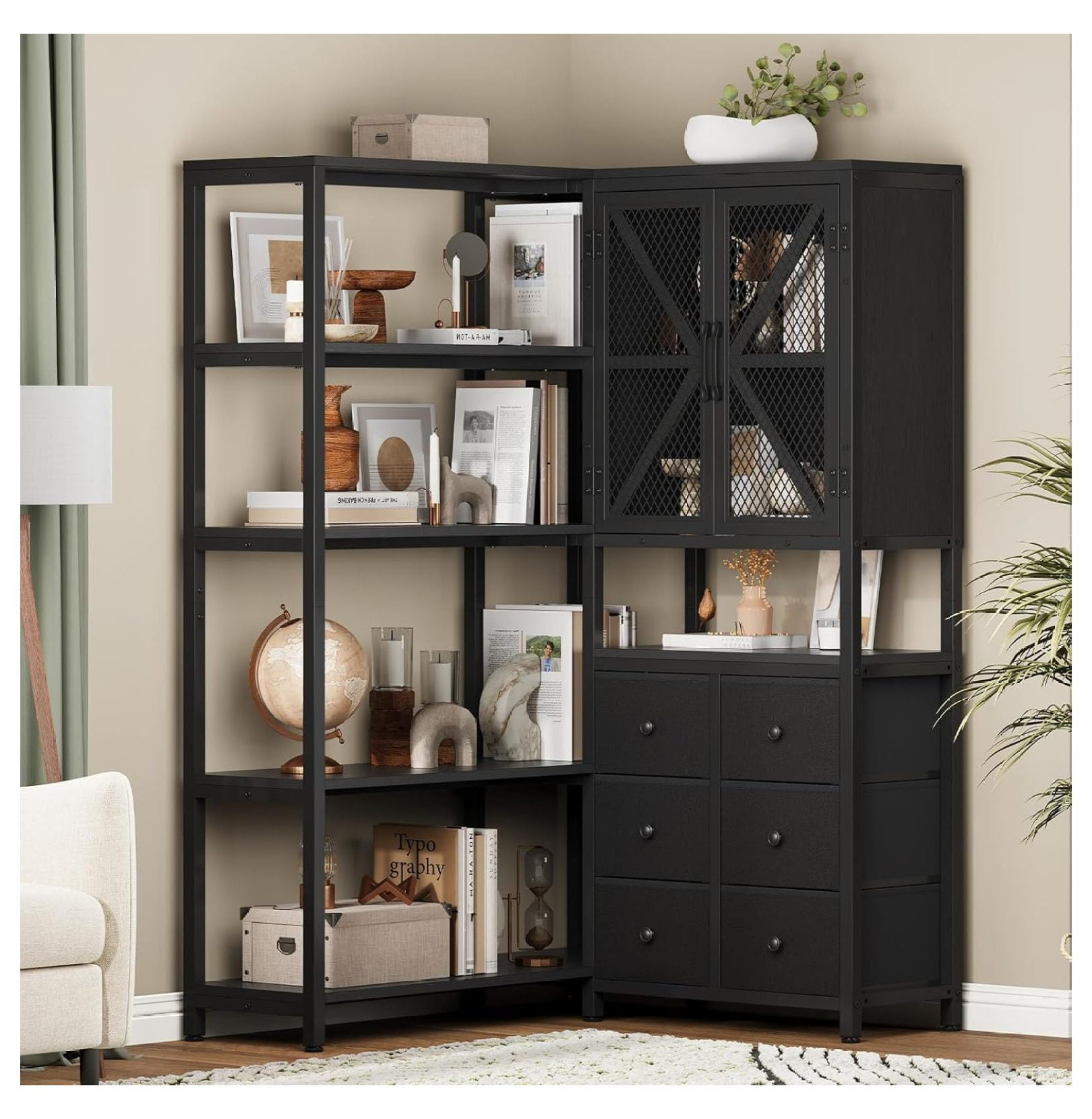 Corner Bookshelf 5 Tier, 63.4" Convertible Tall Bookshelf with 6 Fabric ...