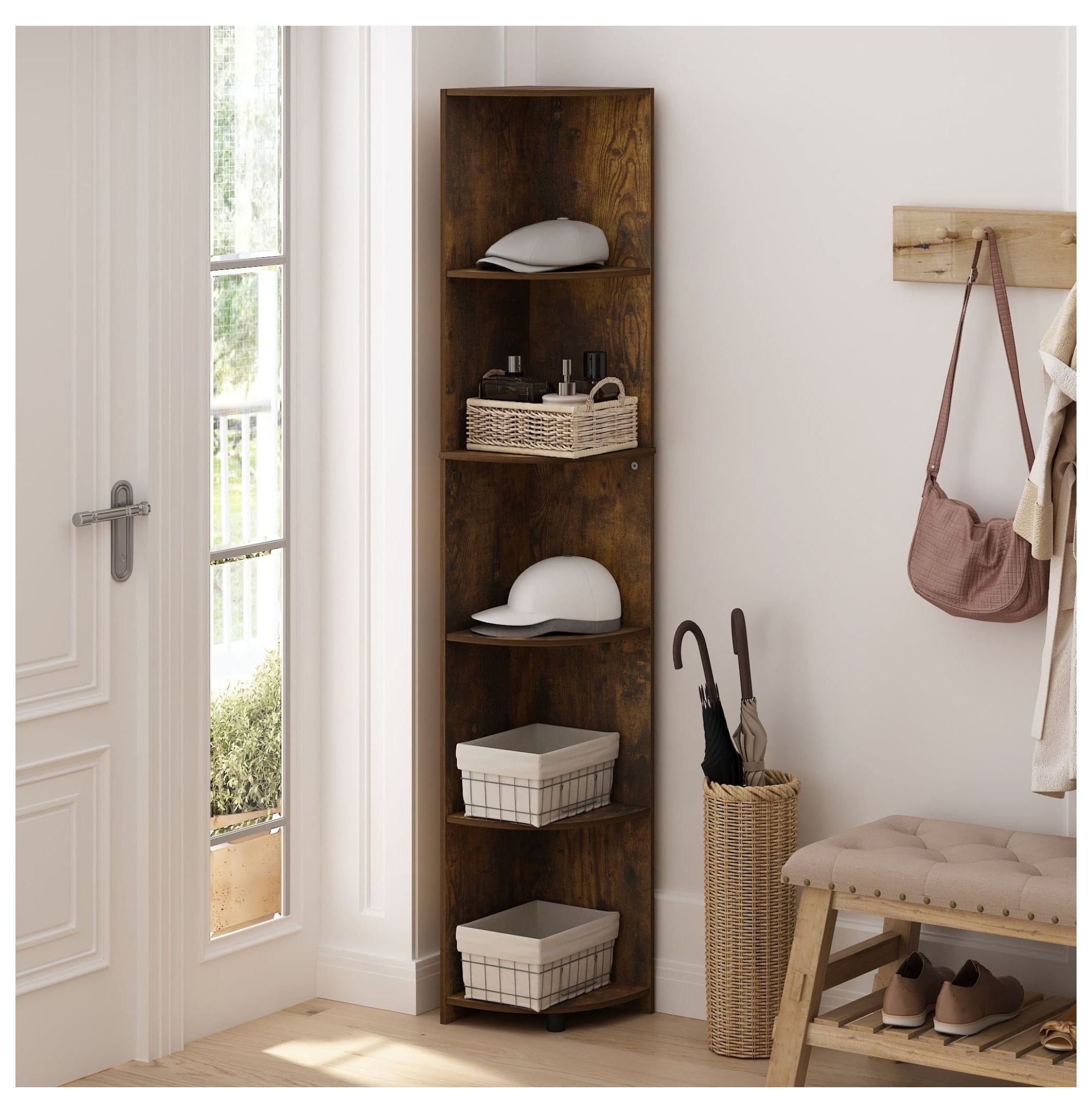 Corner Bookshelf 5 Tier, Amber Pine Bookcase - Small Space Storage ...