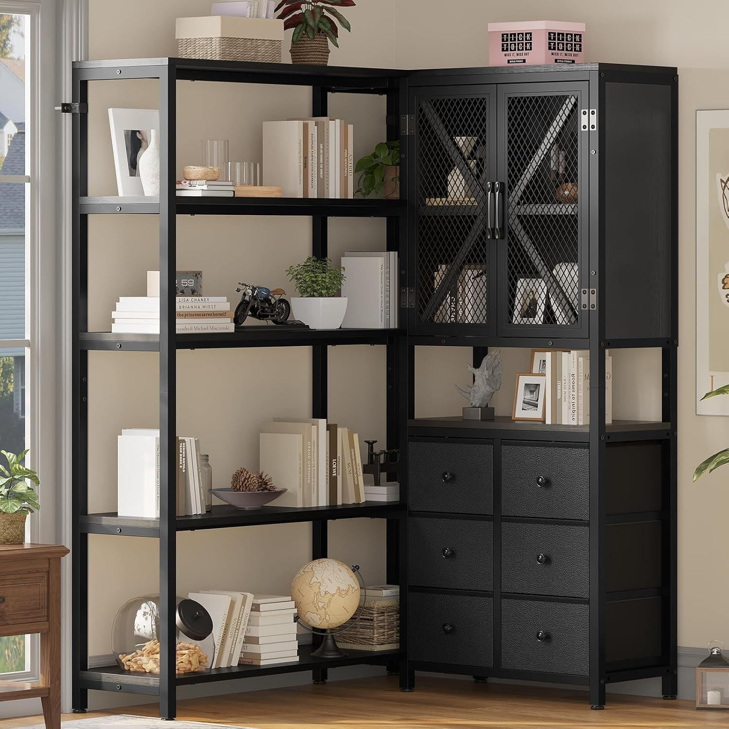 Corner Bookshelf, 5 Tier Convertible Bookshelf with 6 Fabric Drawers ...