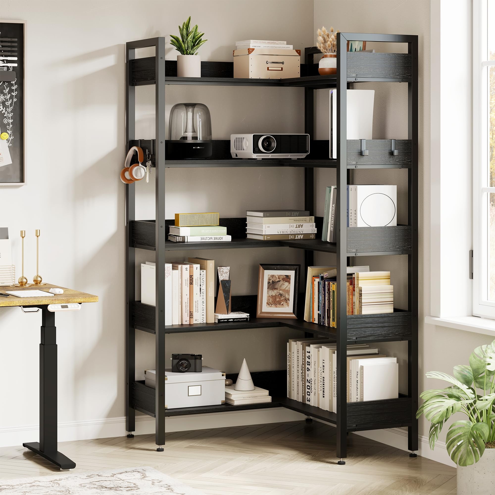 Corner Bookshelf, 5 Tier Convertible Corner Book Shelf, Modern ...