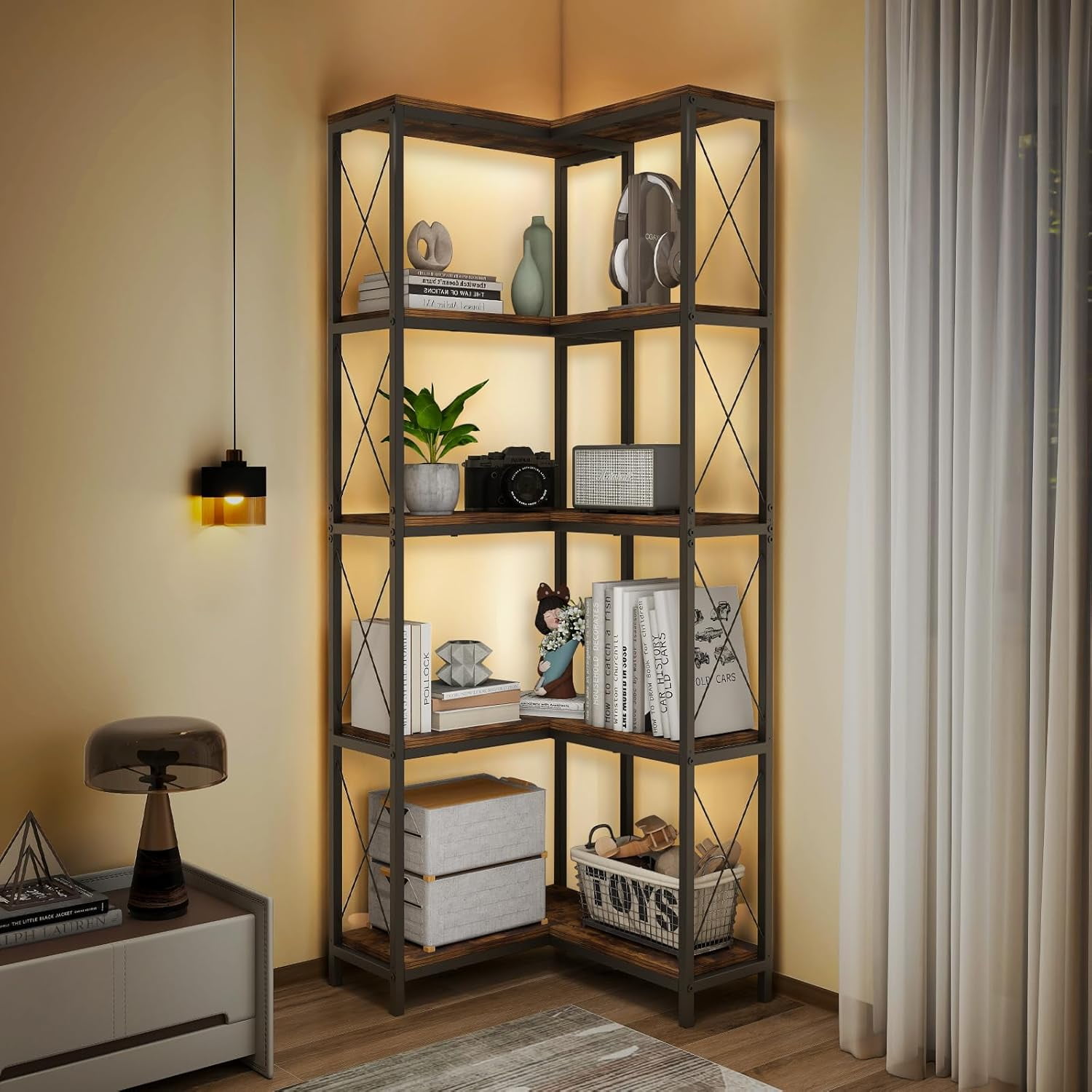 Corner Bookshelf, 5 Tier Industrial Style Design Corner Shelf with ...