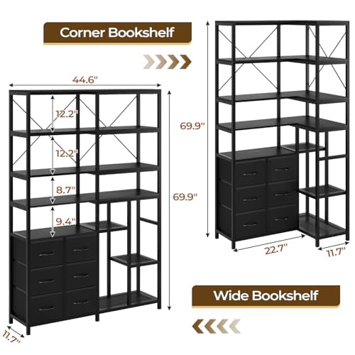Corner Bookshelf with 6 Fabric Drawers, Convertible Tall Bookcase 7 ...