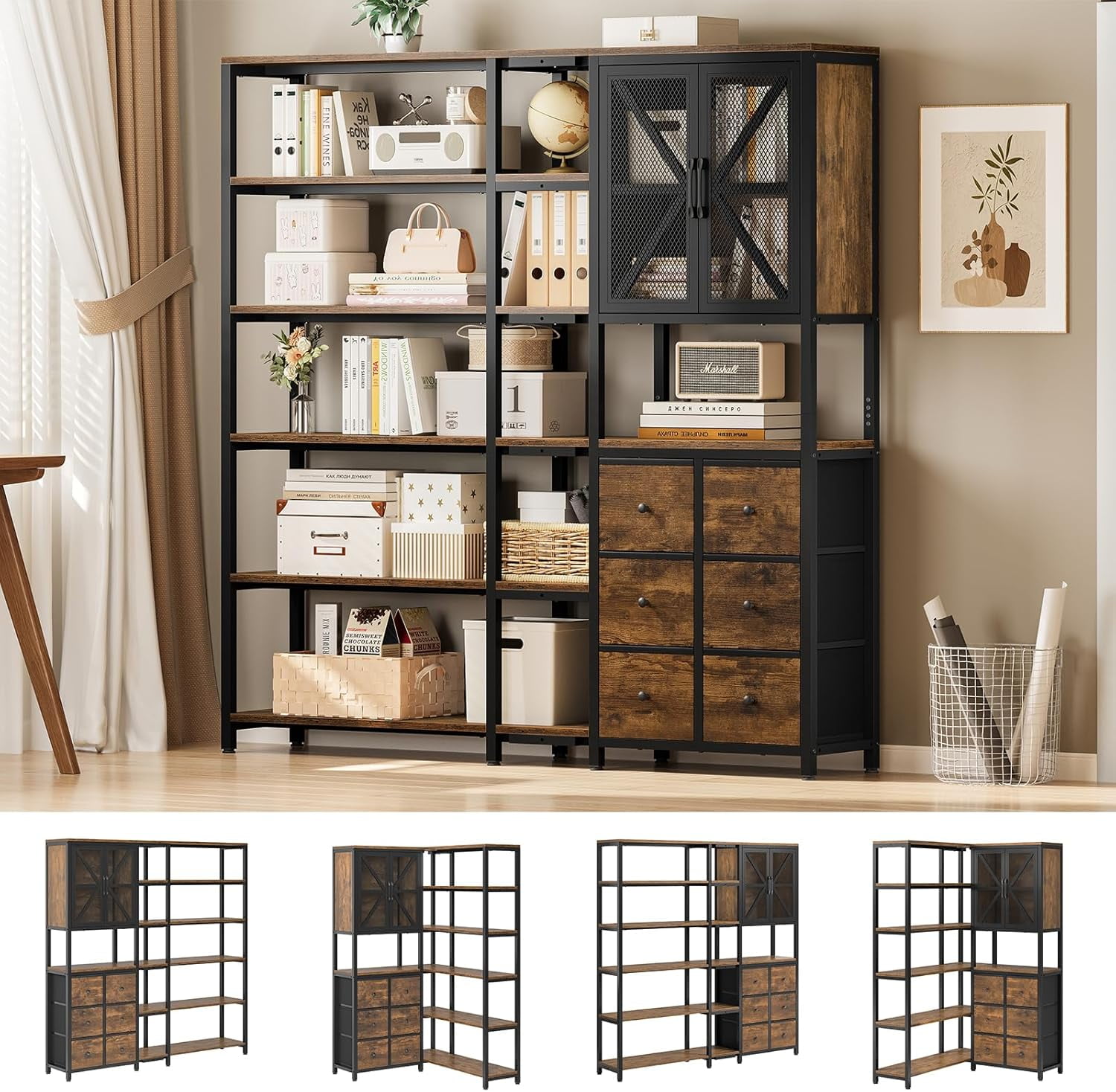 Corner Bookshelf 6 Tier, 70.9" Convertible Tall Bookshelf with 6 Fabric ...