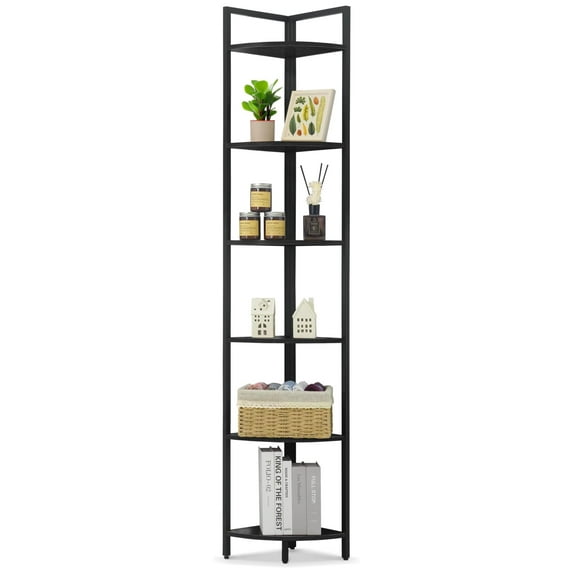 Corner Bookshelf, 6 Tier Black Corner Shelf, 71.7-Inch Tall Corner ...