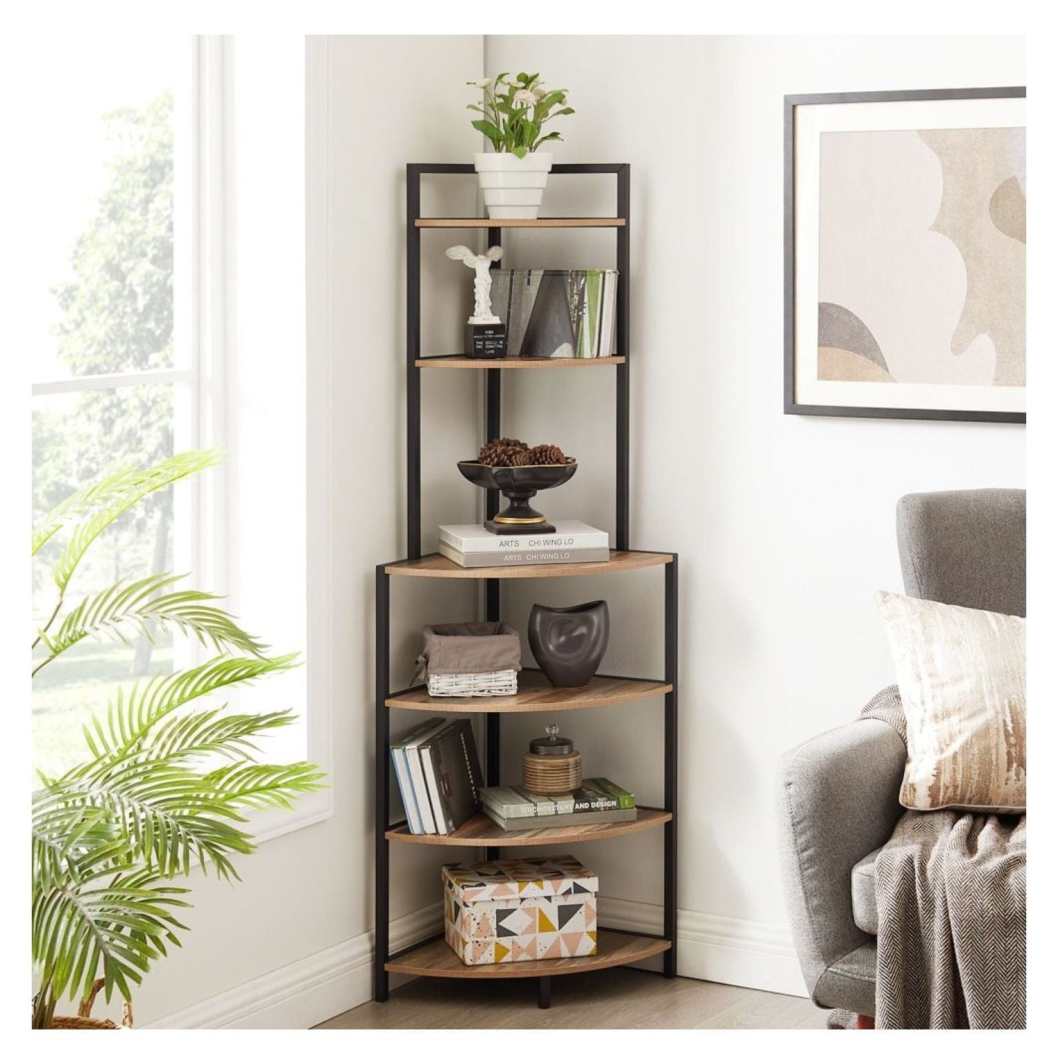 Corner Bookshelf, 6 Tier Ladder Shelf - Living Room, Kitchen, Home ...