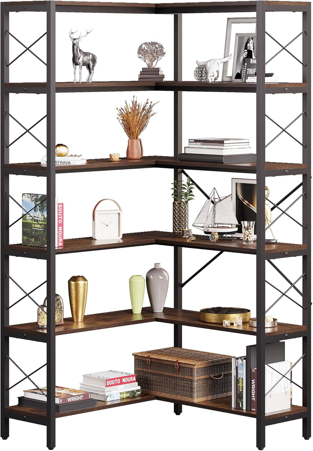 Corner Bookshelf 6-Tier, Tall Book Shelf L-Shaped, Large Etagere ...