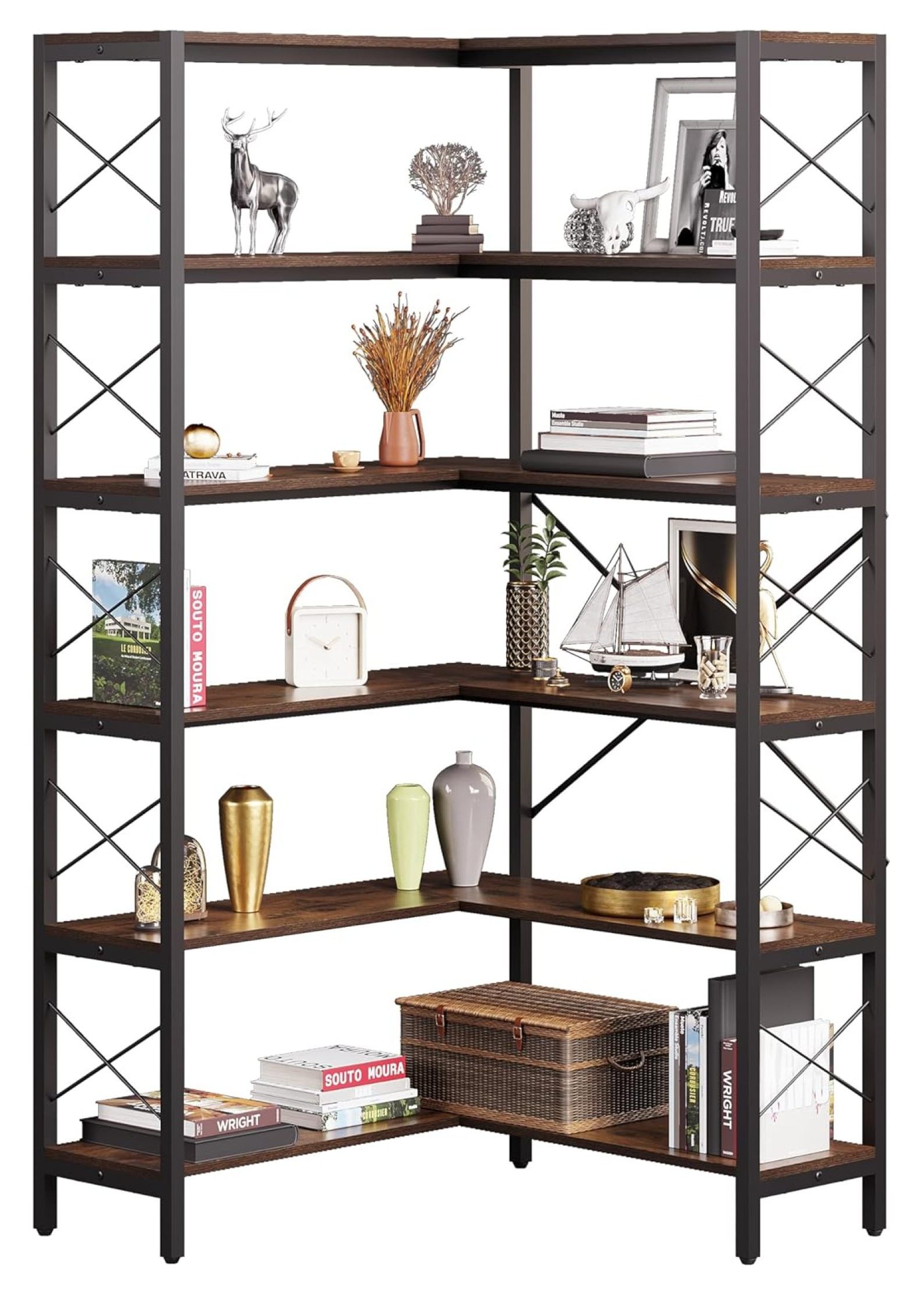 Corner Bookshelf 6-Tier, Tall Book Shelf L-Shaped, Large Etagere ...