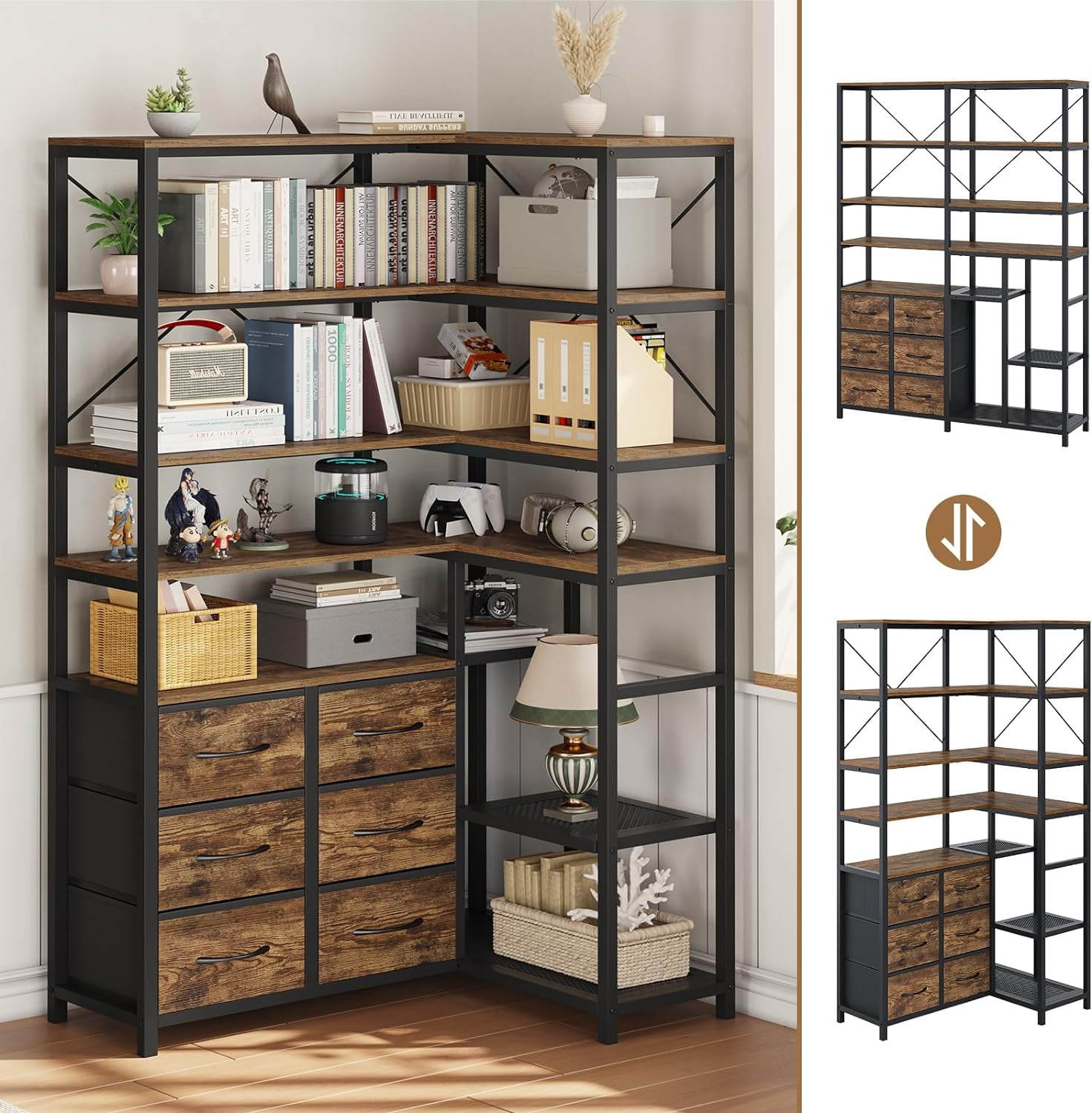 Corner Bookshelf, 7-Tier Industrial Convertible Book Shelf with 6 ...