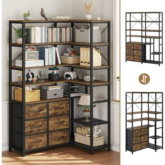 Corner Bookshelf, 7-Tier Industrial Convertible Book Shelf with 6 ...