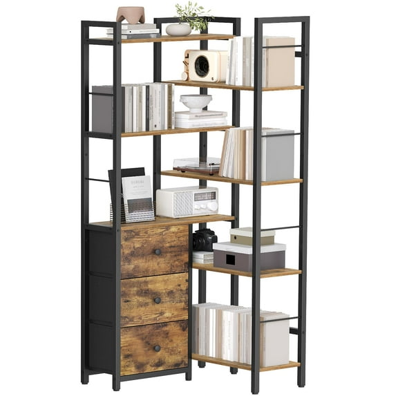 Corner Bookshelf, 7 Tier L-Shaped Bookcase with 3 Drawers, Storage ...