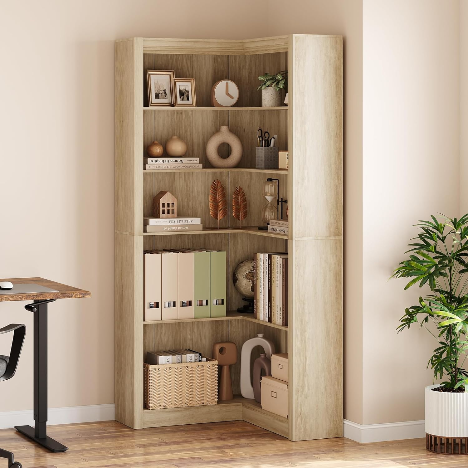 Corner Bookshelf 71.8'' Farmhouse Corner Bookcase, Tall Bookcase 5 Tier ...