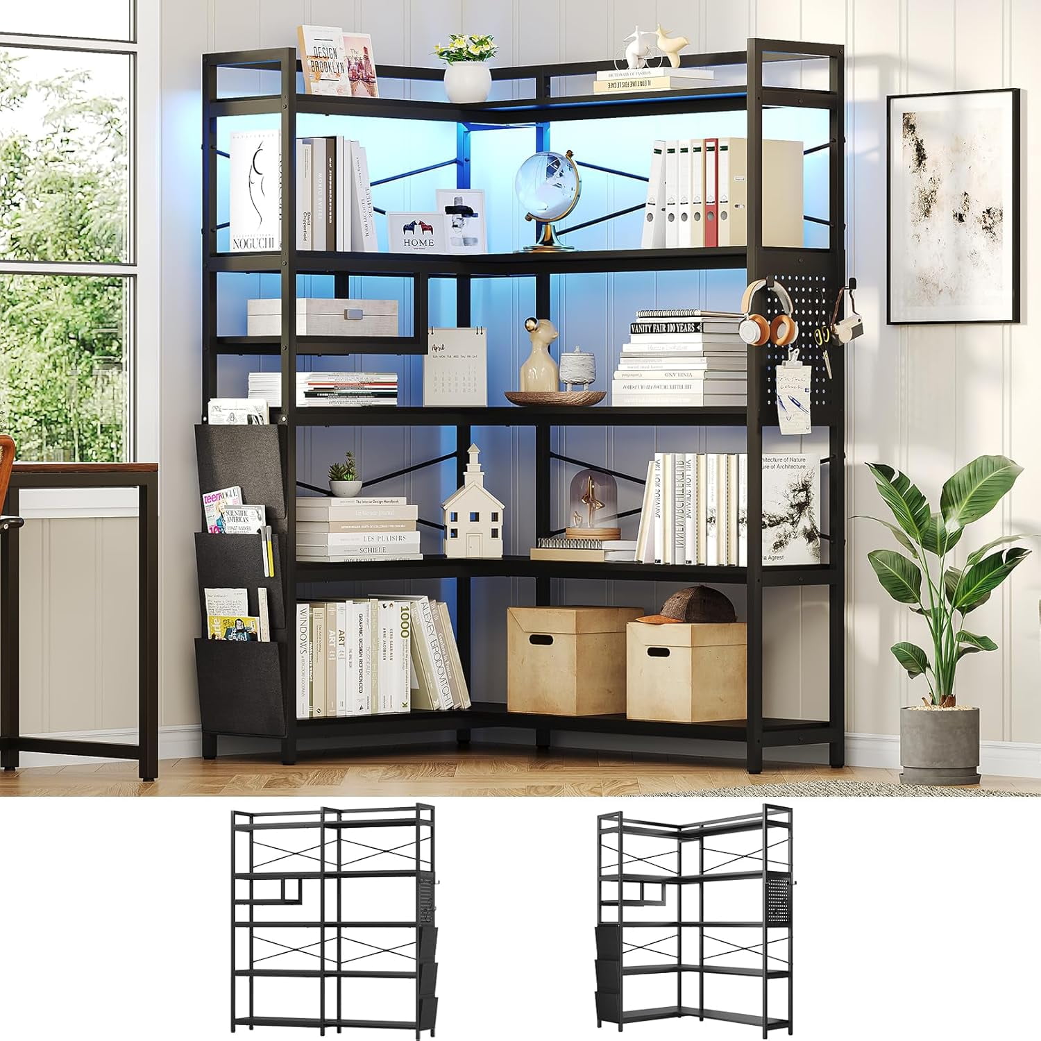 Corner Bookshelf, Convertible 5-Tier Bookshelves with Storage or 63" W ...
