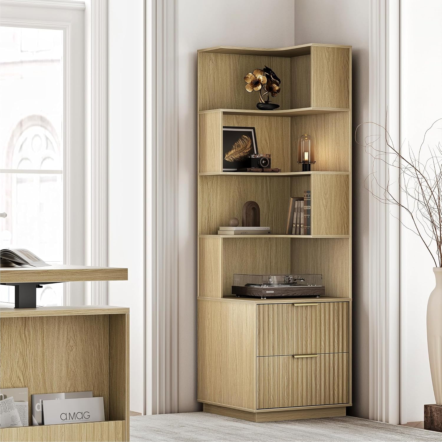 Corner Bookshelf with Drawers, 5 Tier Fluted Corner Bookcase with ...