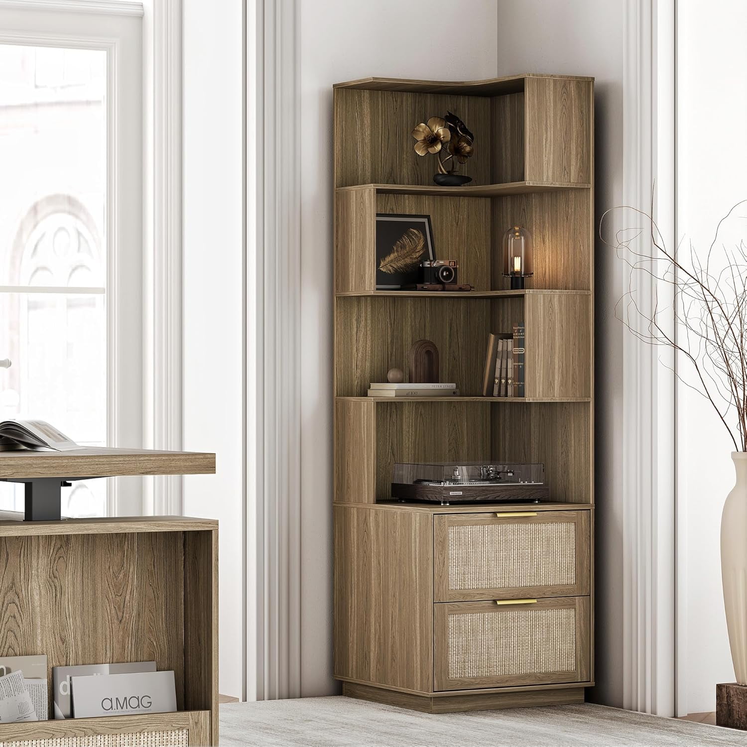 Corner Bookshelf with Drawers, 5 Tier Rattan Corner Bookcase with ...