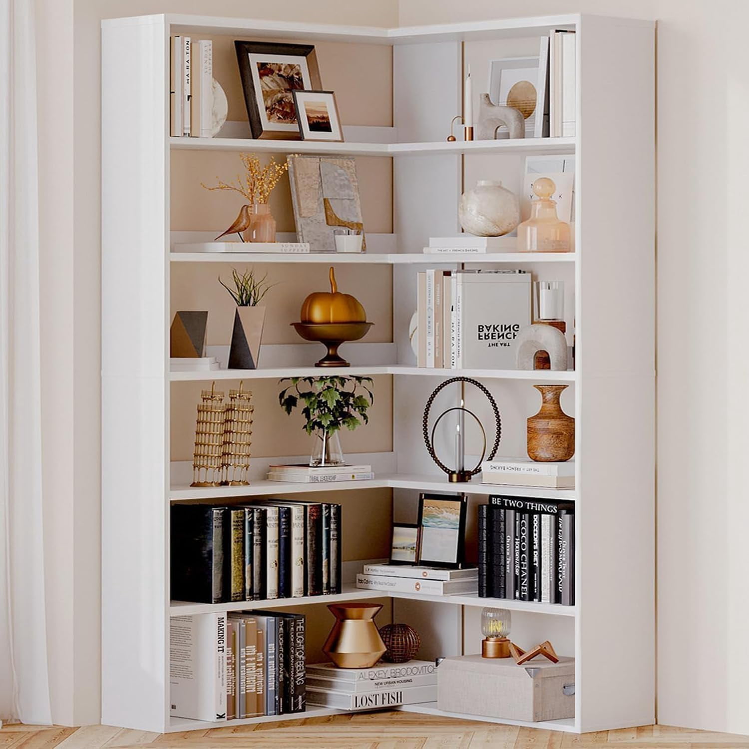 Corner Bookshelf Freestanding L Shaped Display Shelf 6 Tiers Bookcase ...