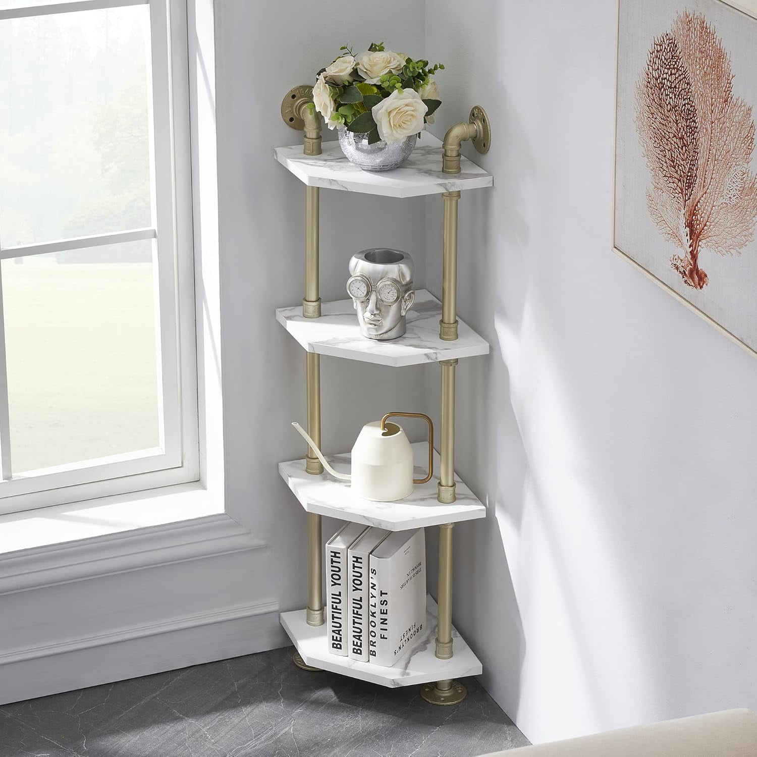 Corner Bookshelf with Storage, Wall Mount Pipe Shelves, White Corner ...