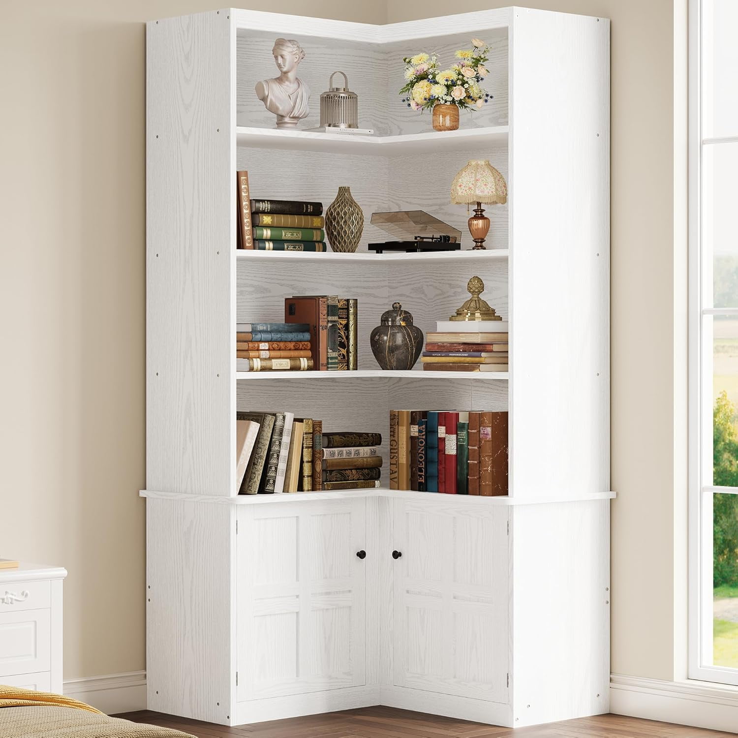 Corner Bookshelf with Doors, 6 Tier Bookcase with Storage, Corner Shelf ...