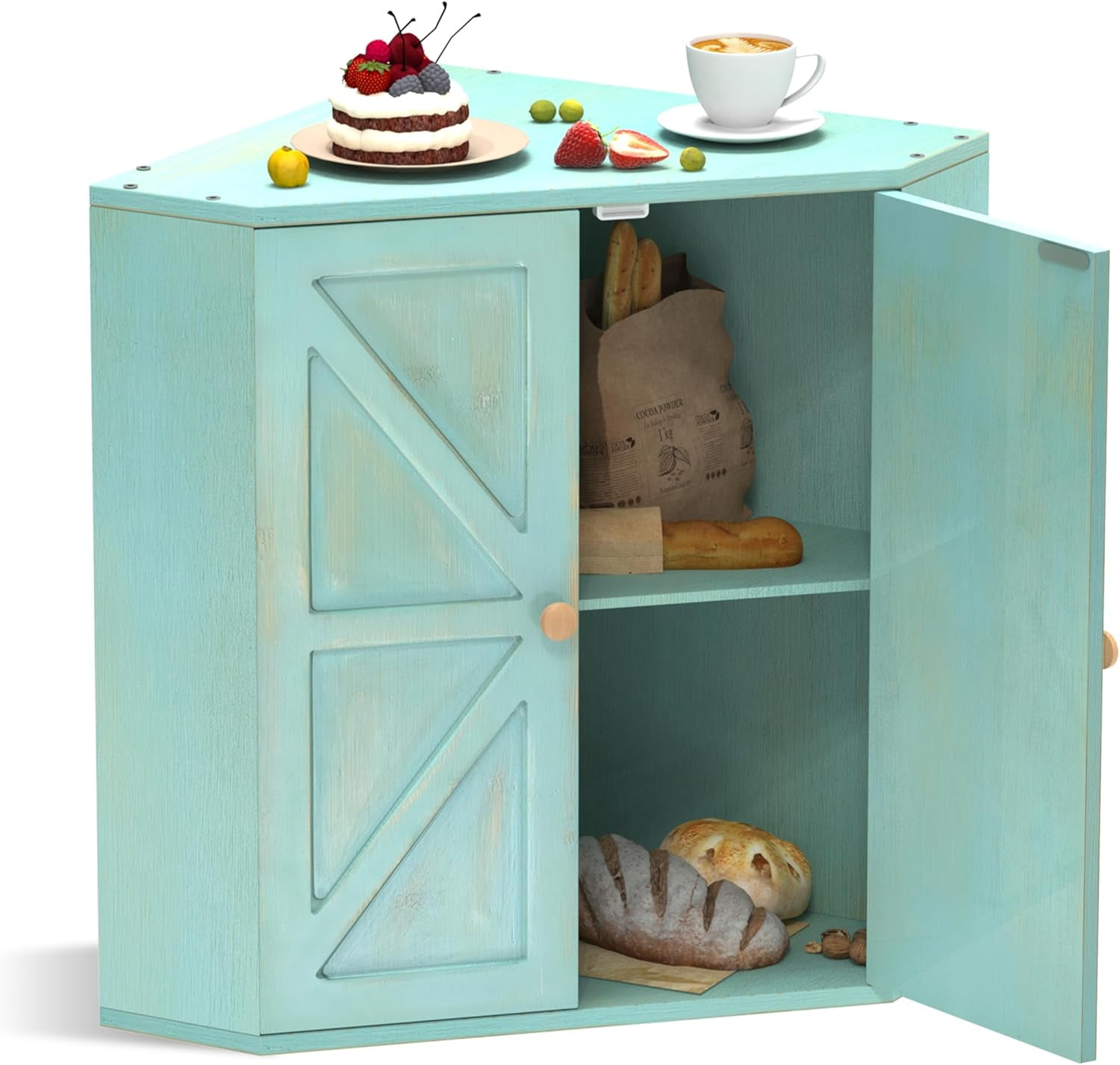 Corner Bread Box for Kitchen Counter Double Layer Bamboo Bread Storage ...