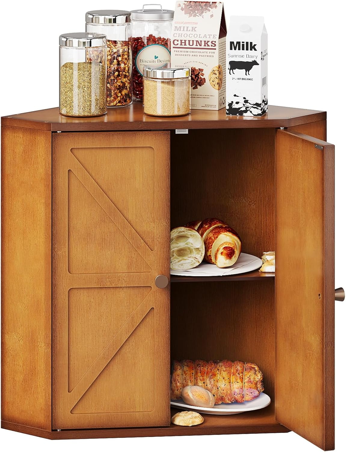 Corner Bread Box for Kitchen Counter Double Layer Bamboo Bread Storage ...