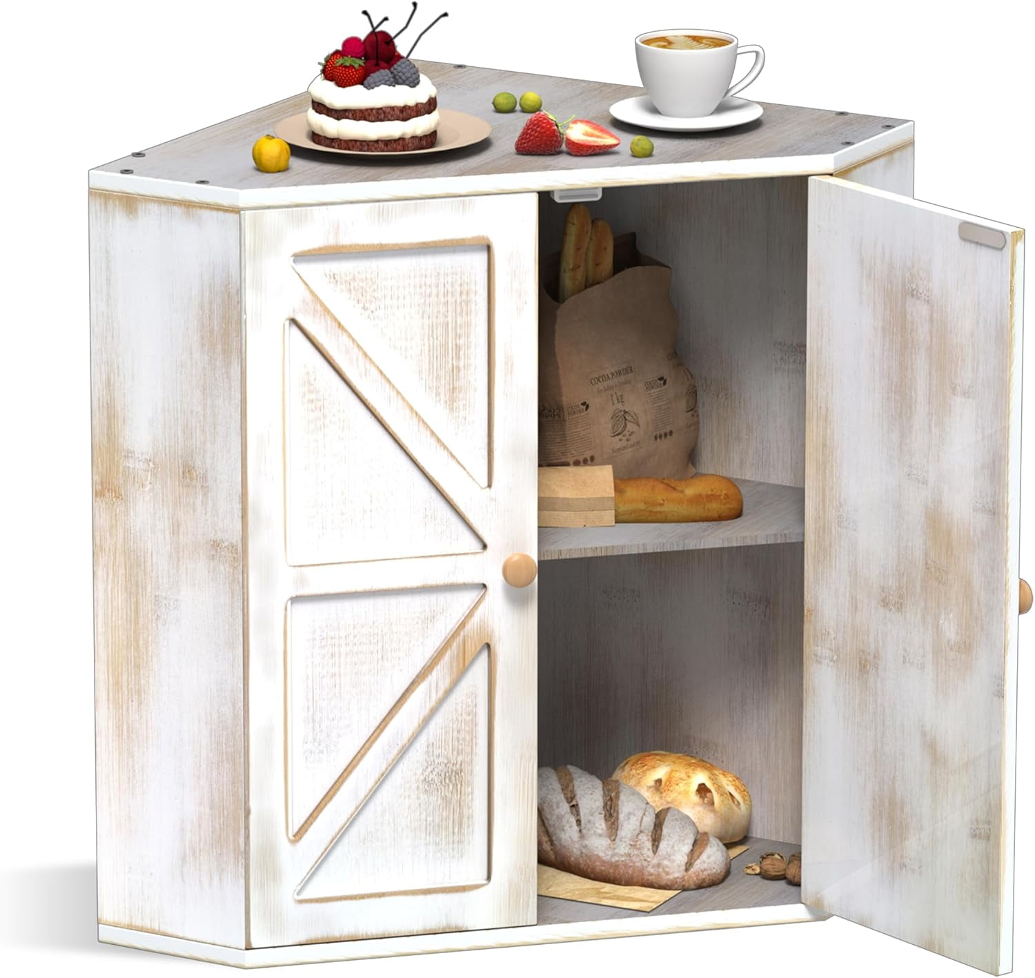 Corner Bread Box for Kitchen Counter Double Layer Bamboo Bread Storage ...