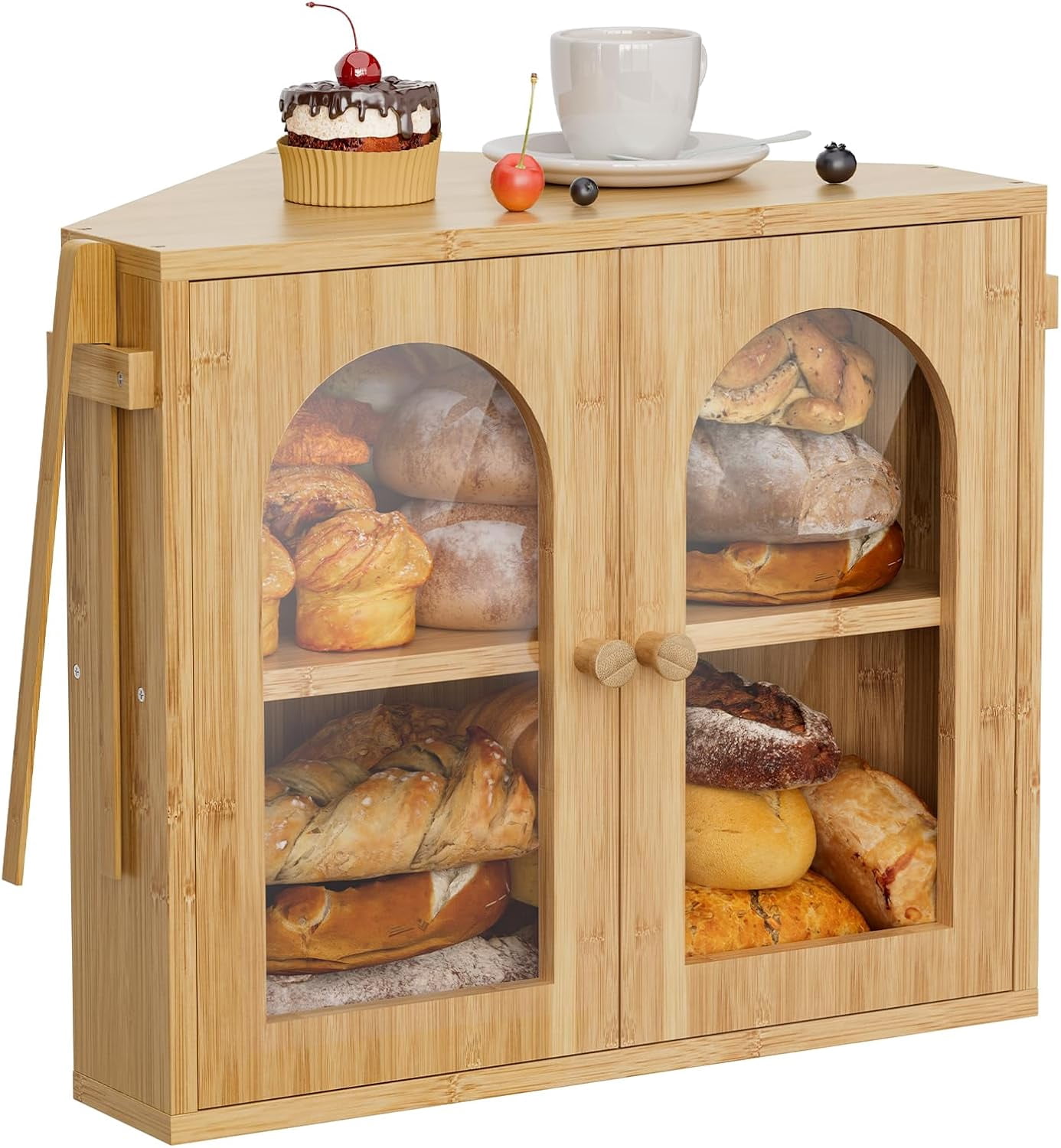 Corner Bread Box for Kitchen Countertop, 2 Tier Bamboo Bread Storage ...