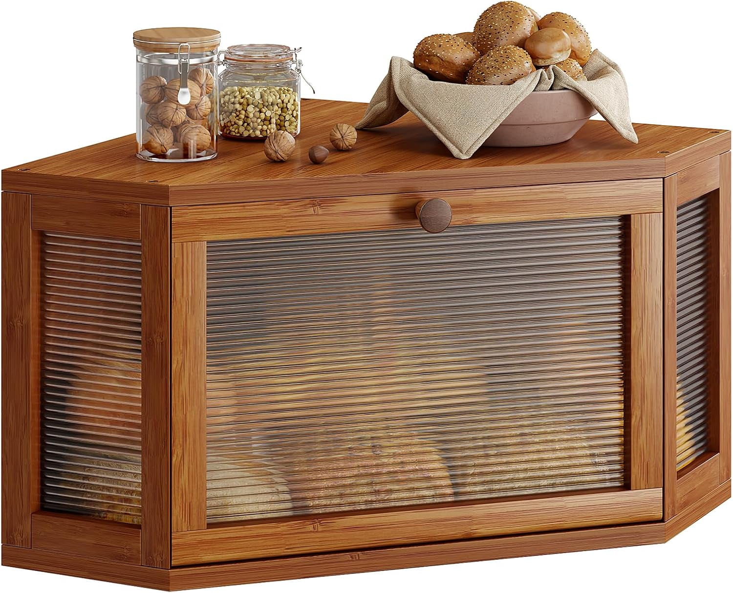Corner Bread Box for Kitchen Countertop, Bamboo Bread Storage Container ...