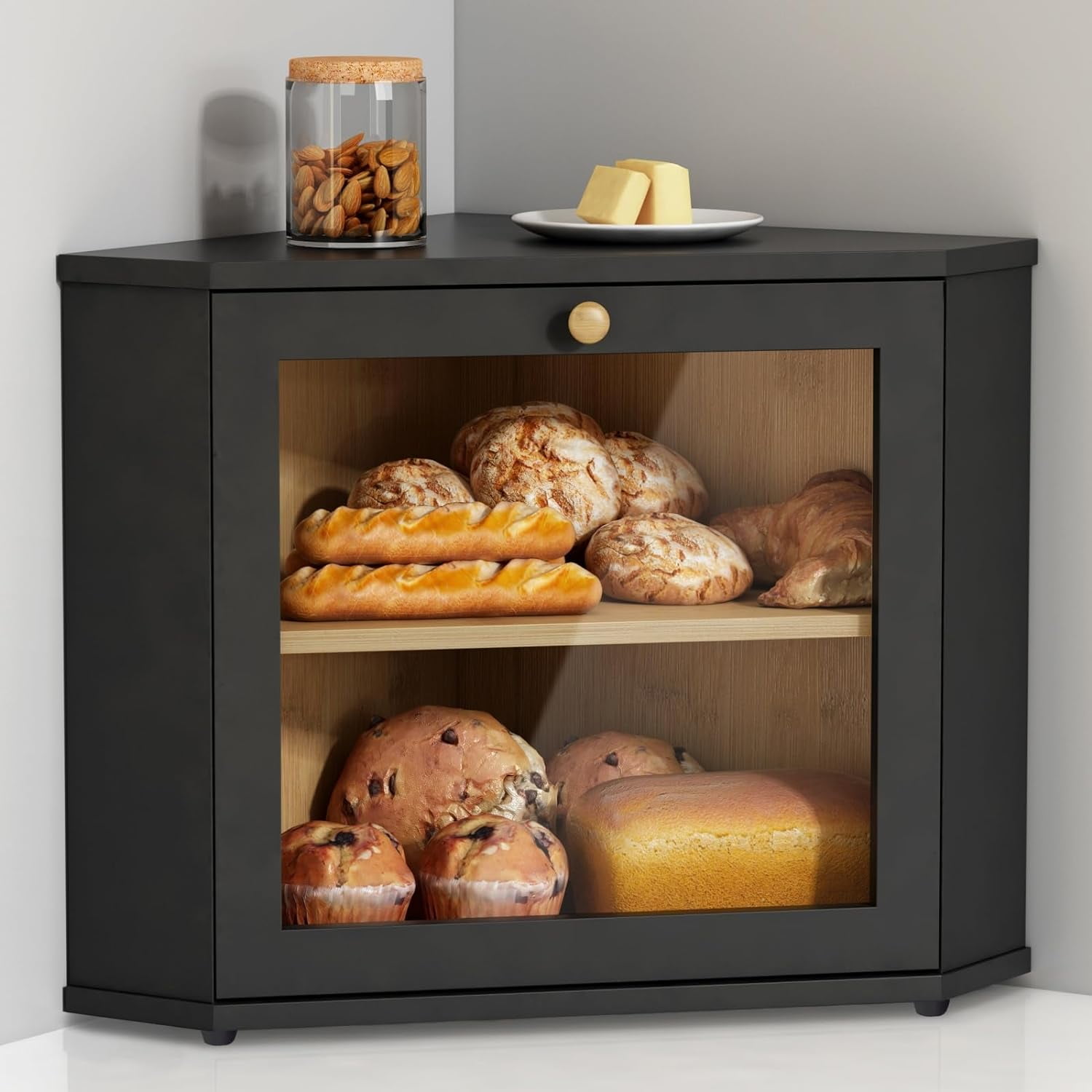 Corner Bread Box for Kitchen Countertop, Black Bread Storage Container ...