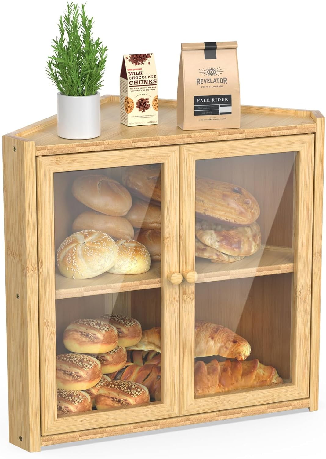 Corner Bread Box for Kitchen Countertop, Double Layer Bamboo Bread ...