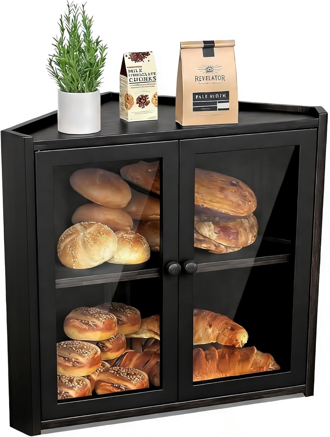 Corner Bread Box for Kitchen Countertop, Double Layer Bamboo Bread ...
