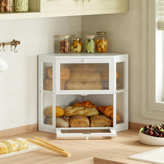 Corner Bread Box for Kitchen Countertop, Double Layer Bamboo Bread ...