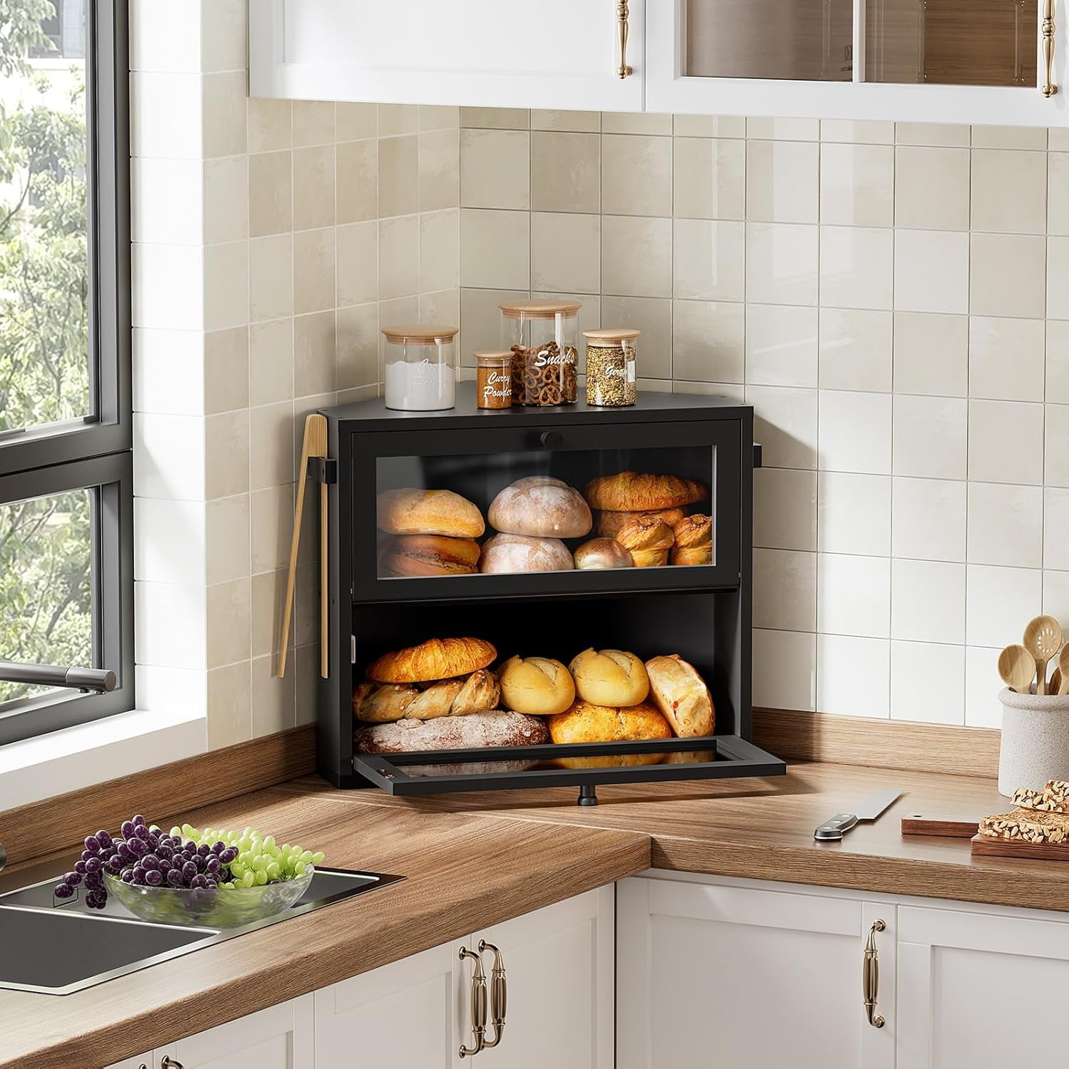 Corner Bread Box for Kitchen Countertop, Large Double Layer Bread ...