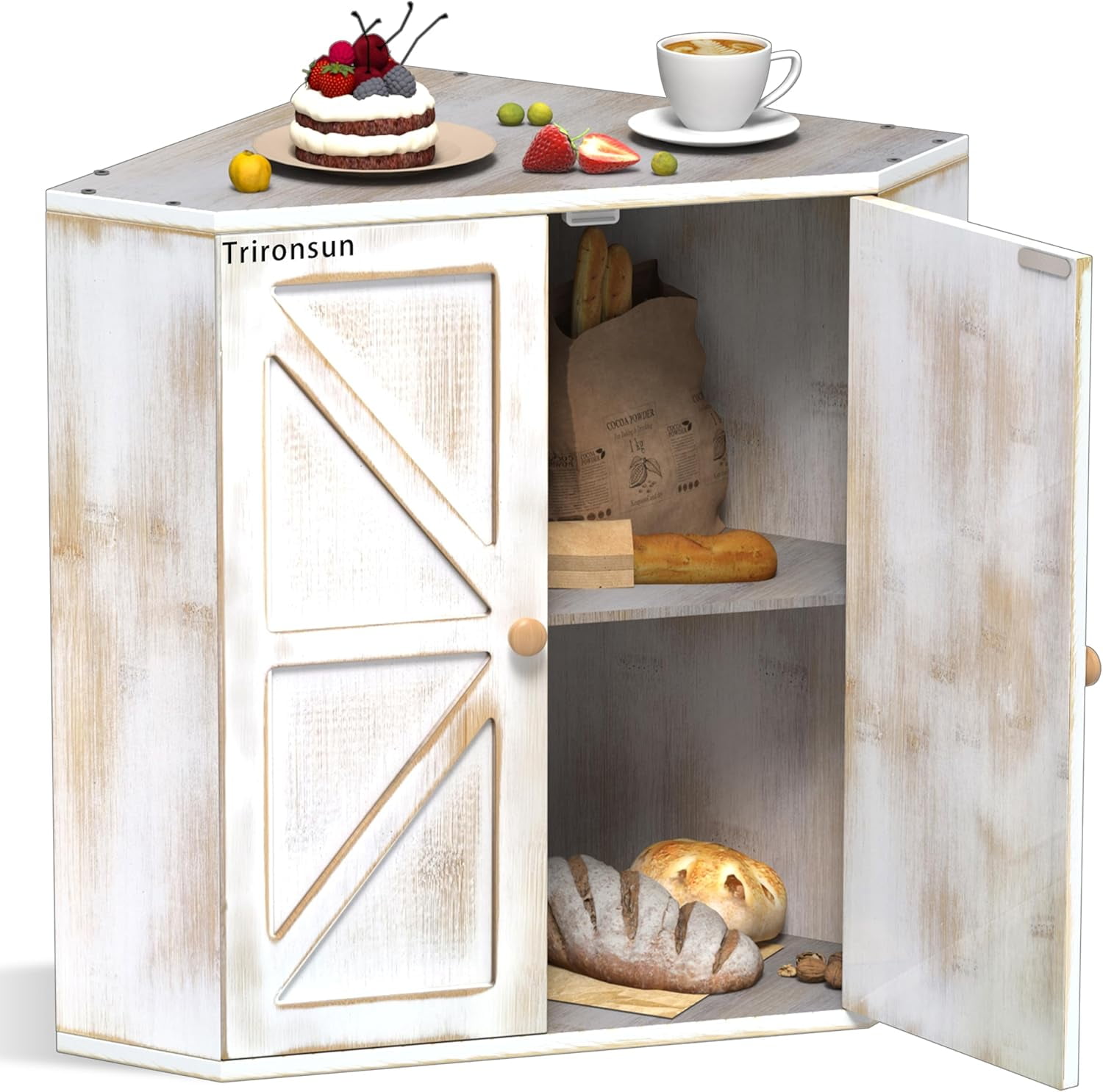 Corner Bread Box for Kitchen Counter Double Layer Bamboo Bread Storage ...