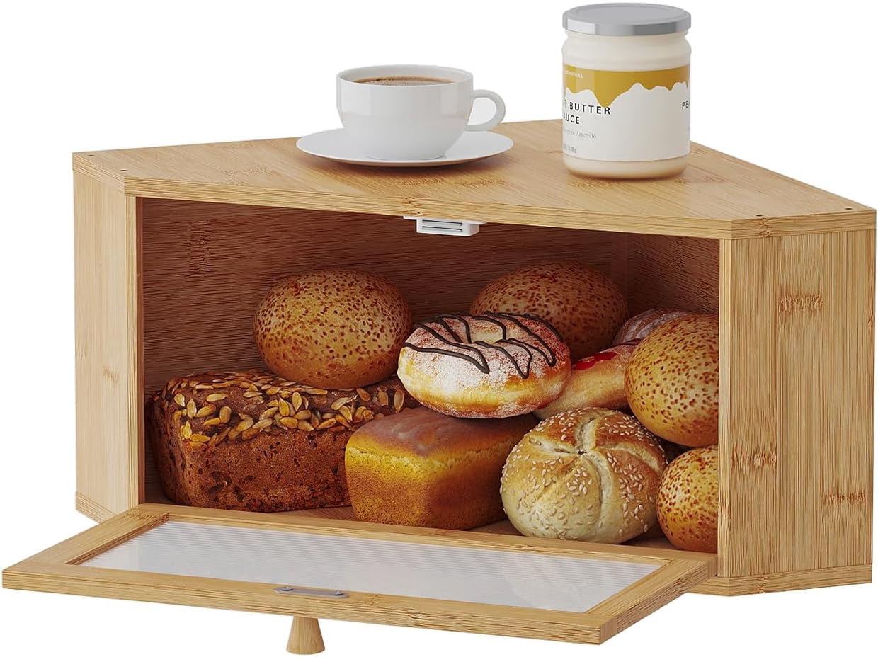 Corner Bread Box for Kitchen Countertop - Bamboo Wood, Wavy Acrylic ...