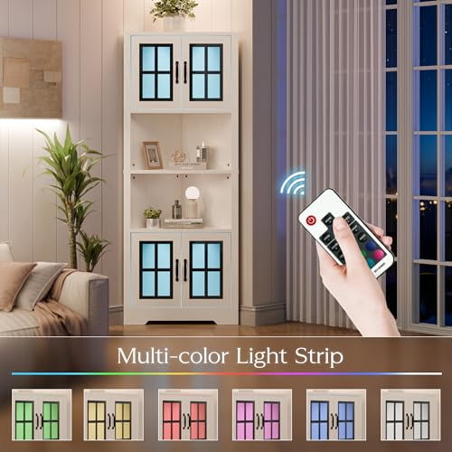 Corner Cabinet, 67" Tall Storage Cabinet with LED Lights and Glass ...