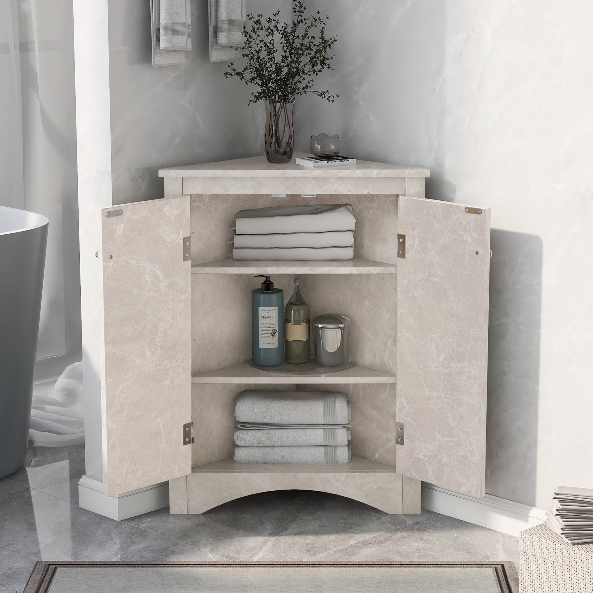 Corner Cabinet with Adjustable Shelves and Two Doors, Triangle Storage ...