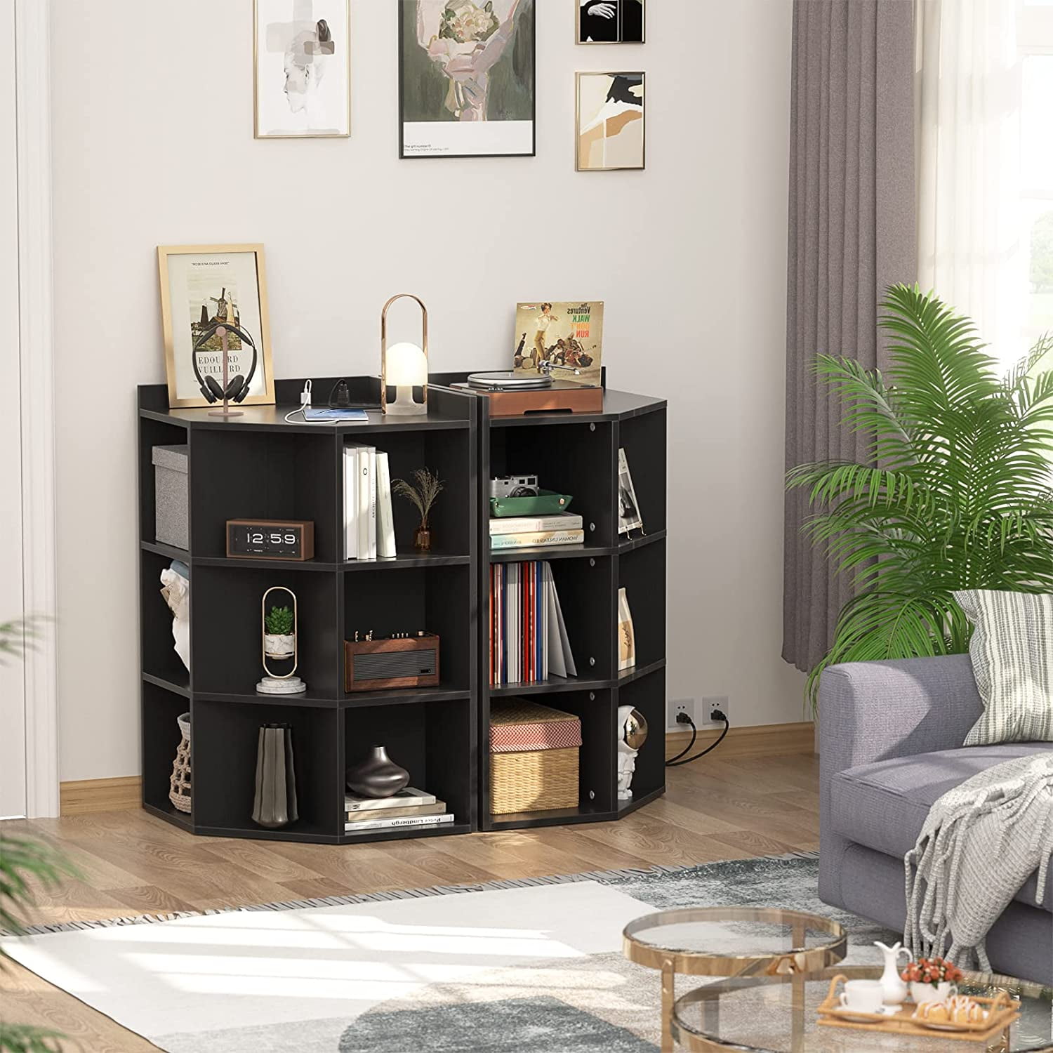 Corner Bookshelf with Storage, Black Wooden Cube Organizer with USB ...