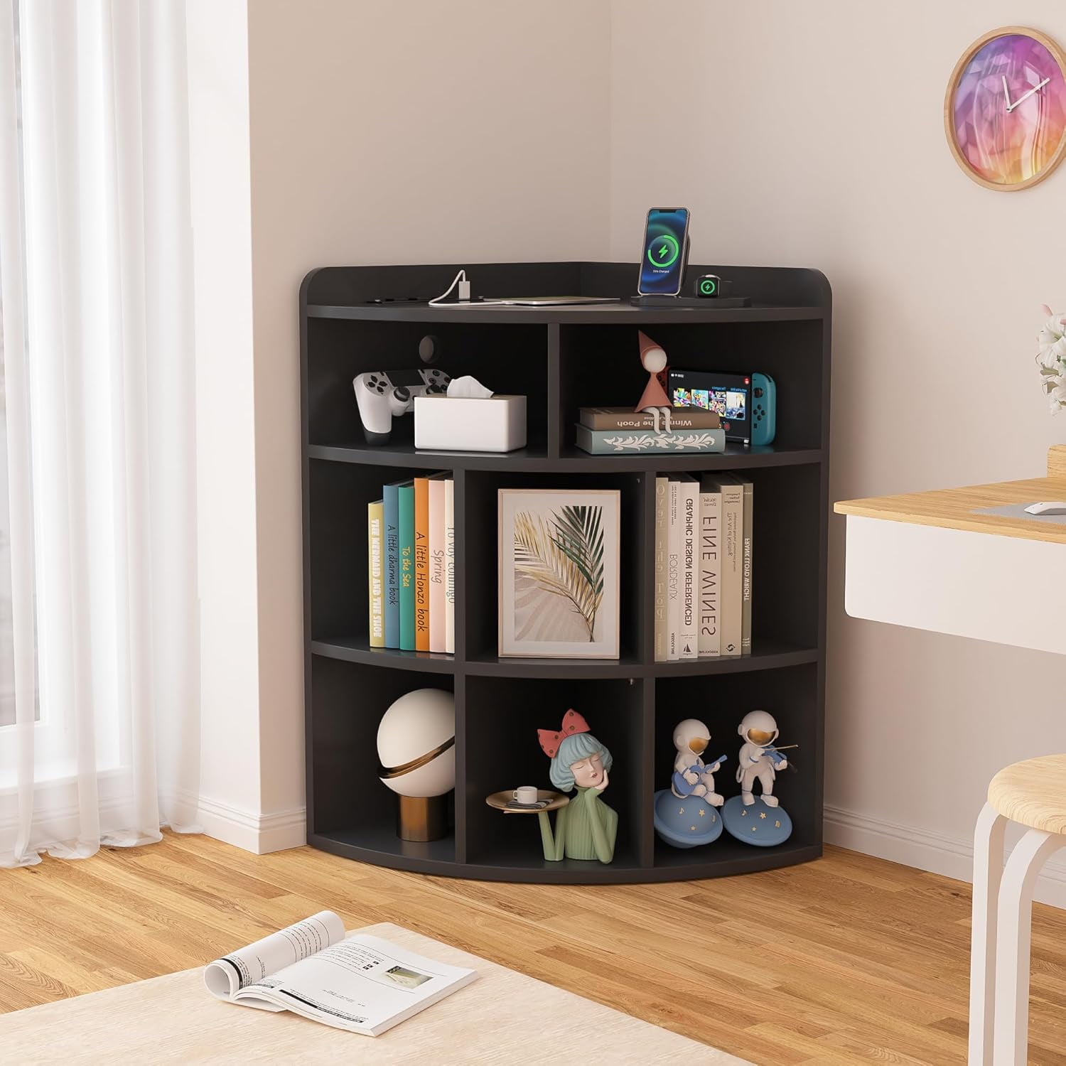 Corner Cabinet with Charging Station, 3-Tier Bookcase Cube Storage ...