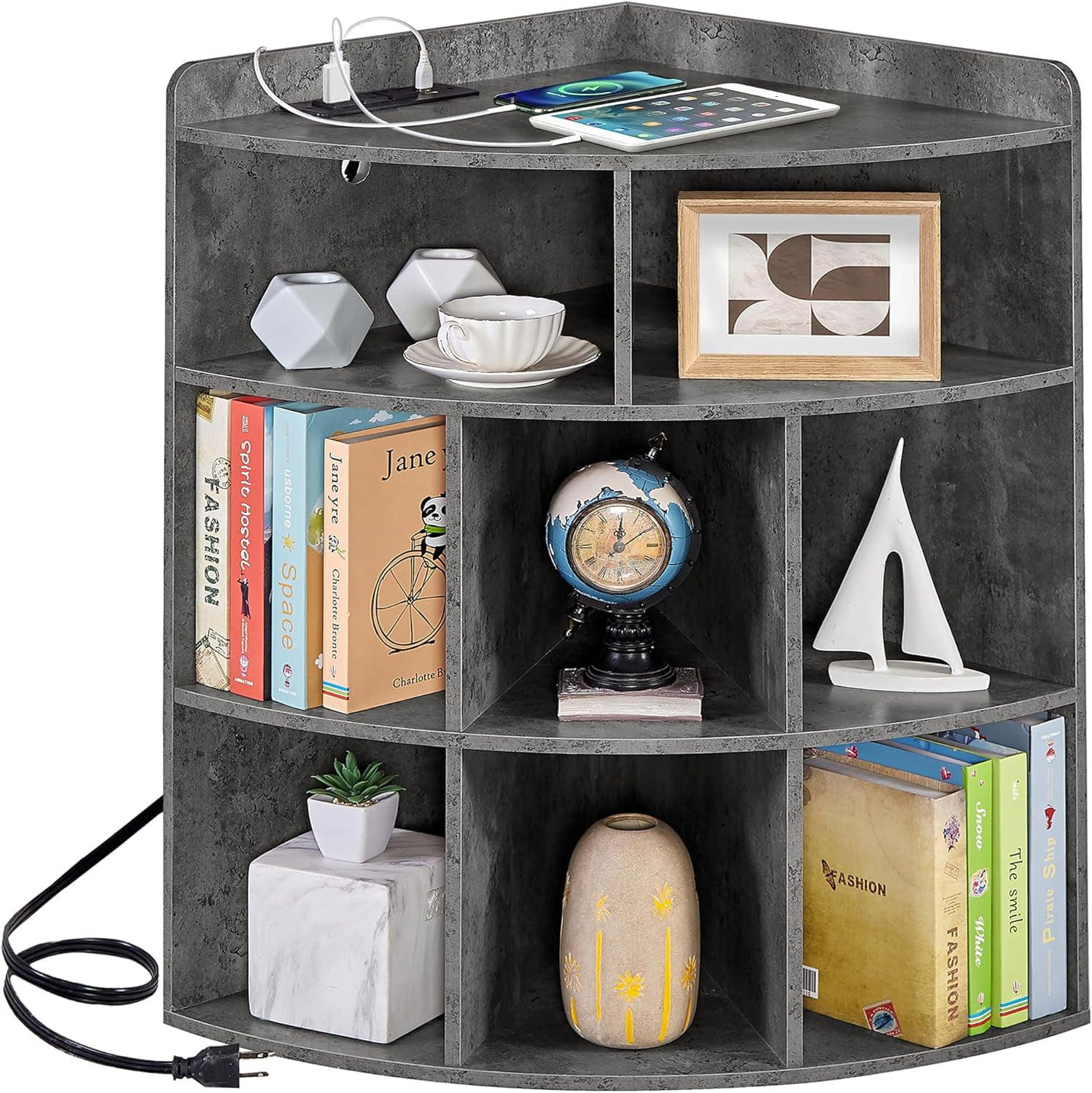 Corner Cabinet with Charging Station, 3-Tier Cube Storage Organizer ...